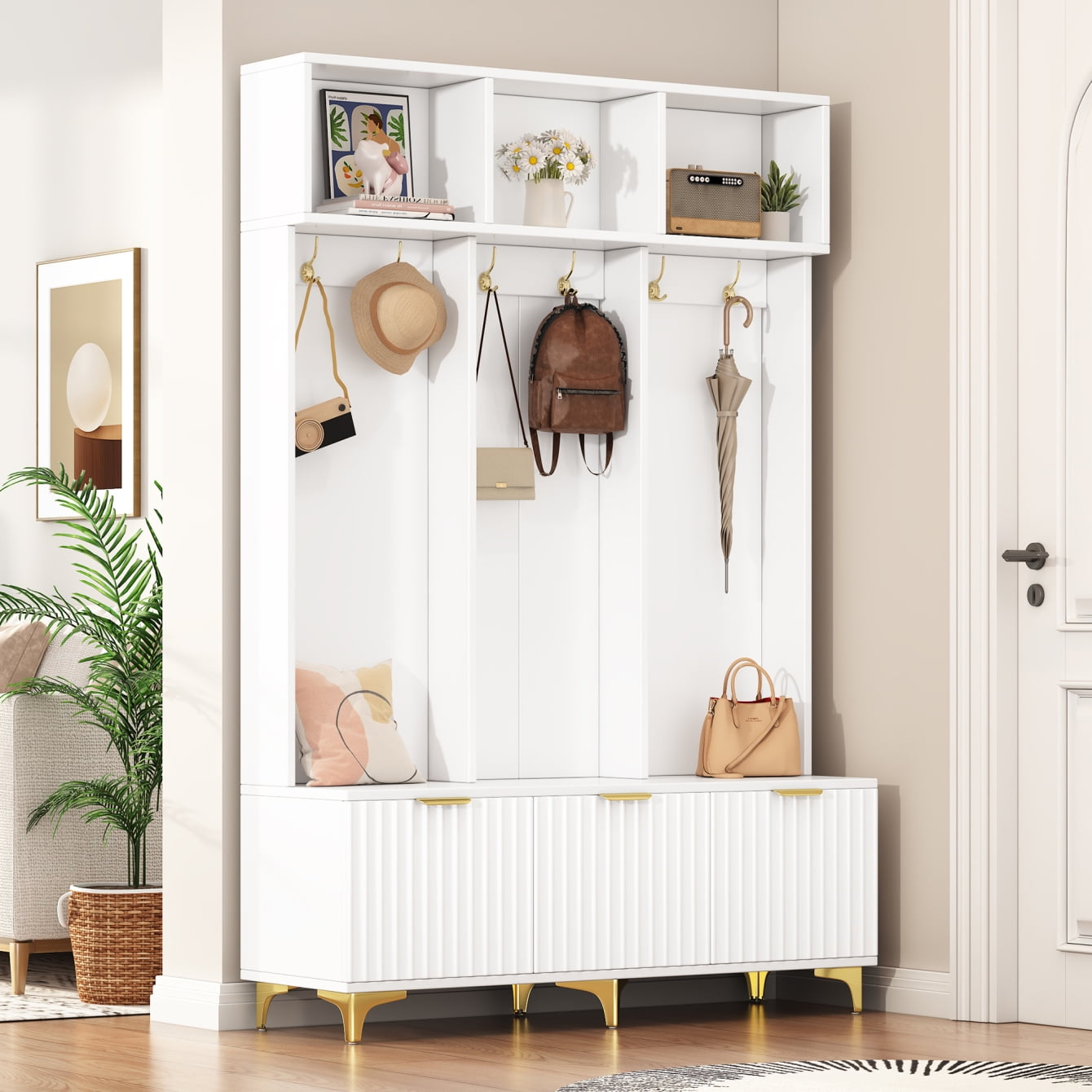Modern Shoe Organizer with Coat Racks and Shelf, Sturdy Shoe Cabinet ...