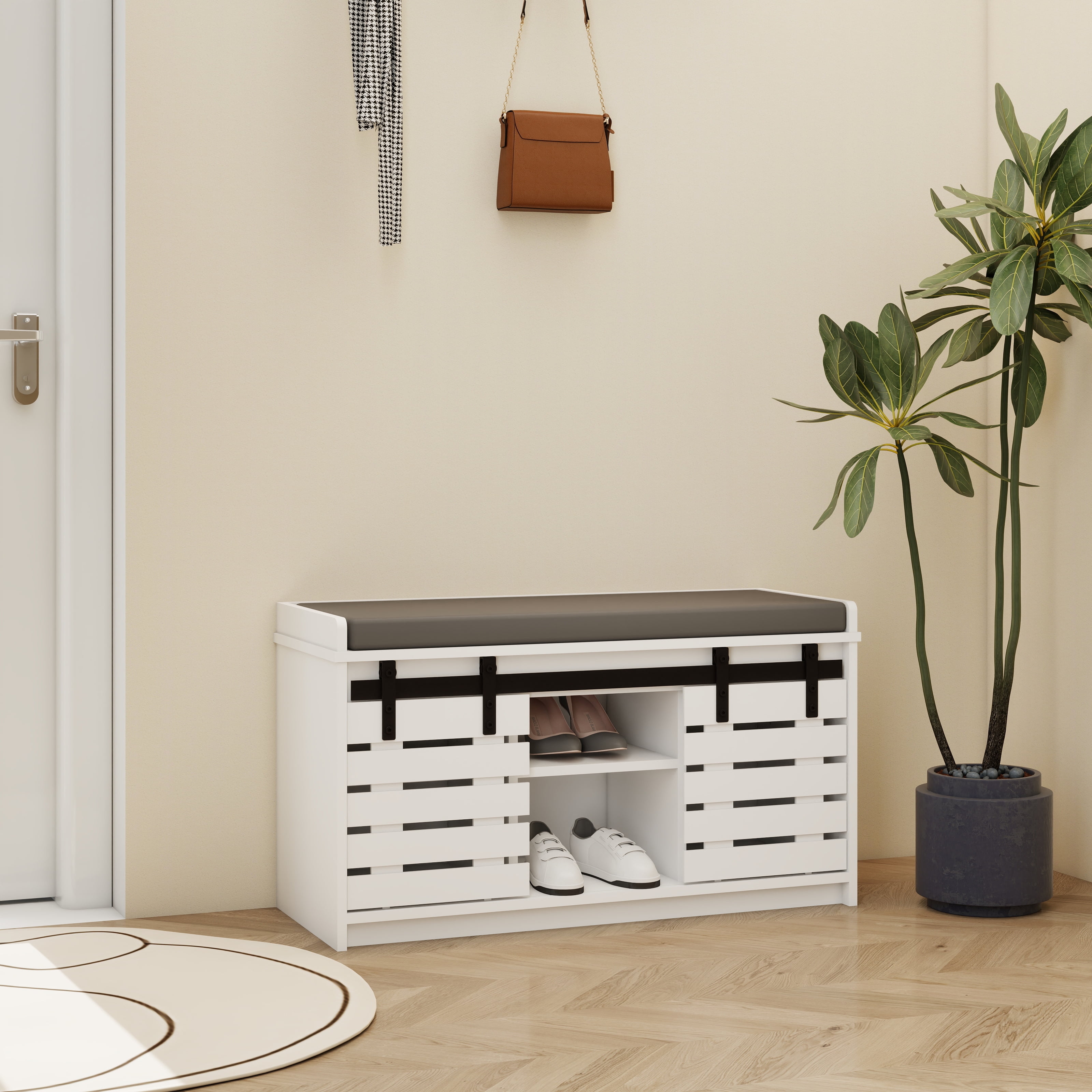 Modern Shoe Storage Bench,2-Tier Entryway Bench with 2 Sliding Barn ...