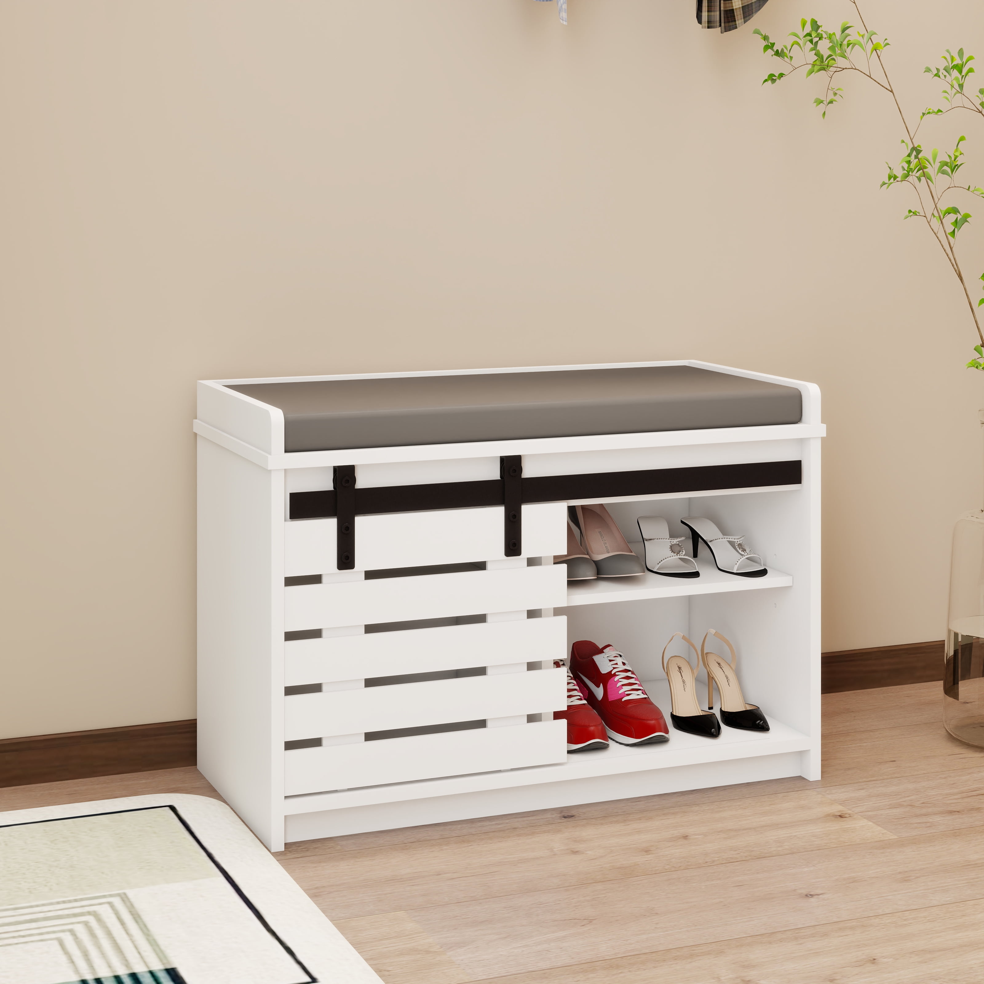 Modern Shoe Storage Bench, 2-Tier Entryway Bench with Sliding Barn Door ...