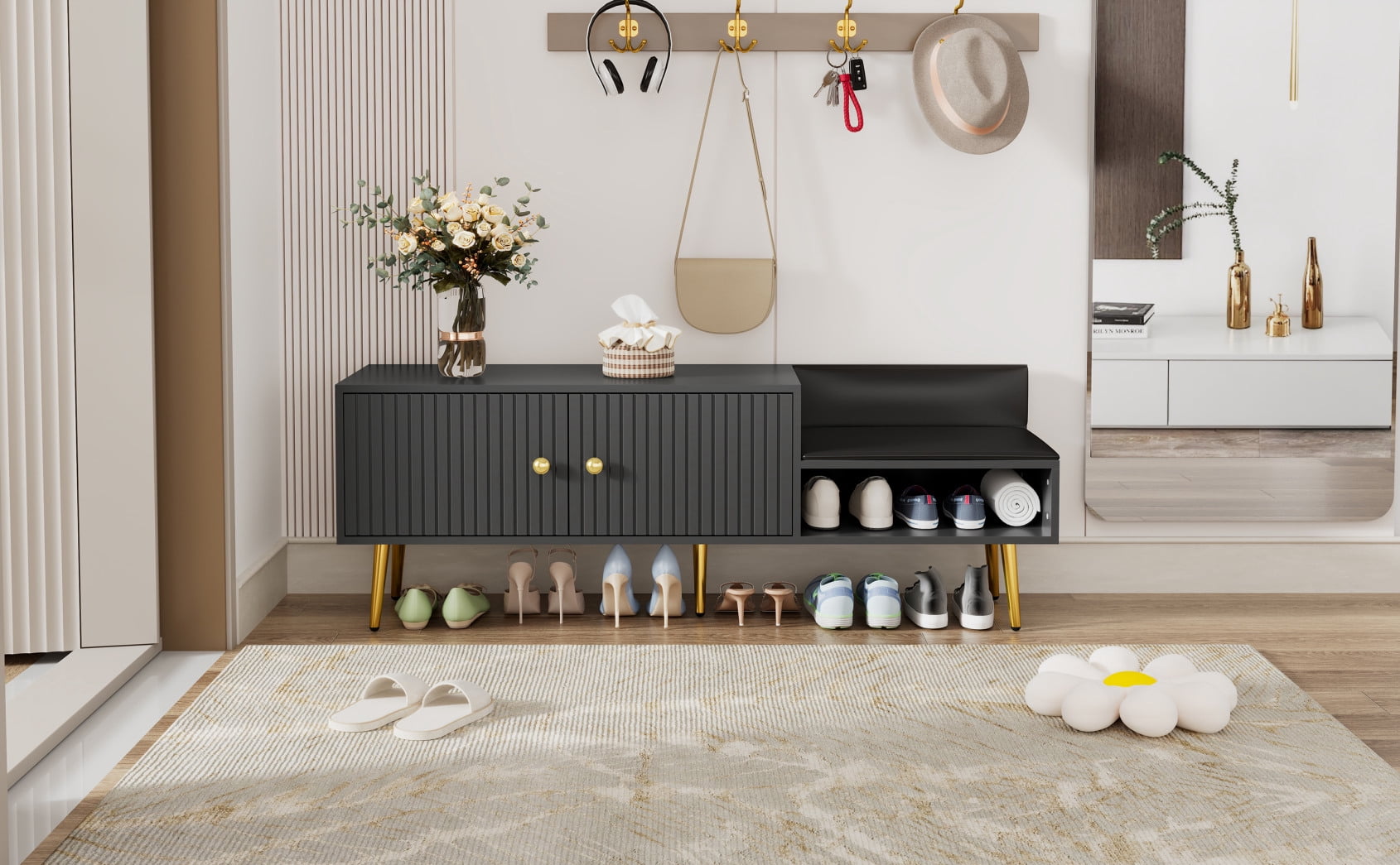 Modern Shoe Storage Bench with Storage Compartment, Upholstered Leather ...