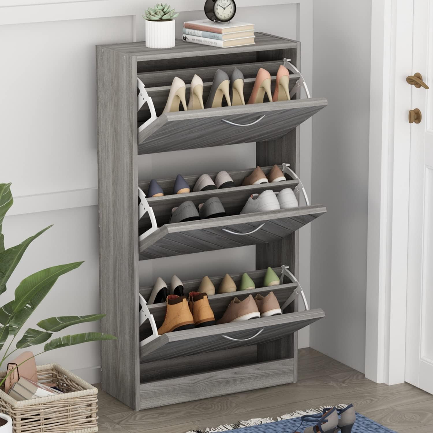 Modern Shoe Storage Cabinet with 3 Flip Drawers & Twill Louver Doors ...