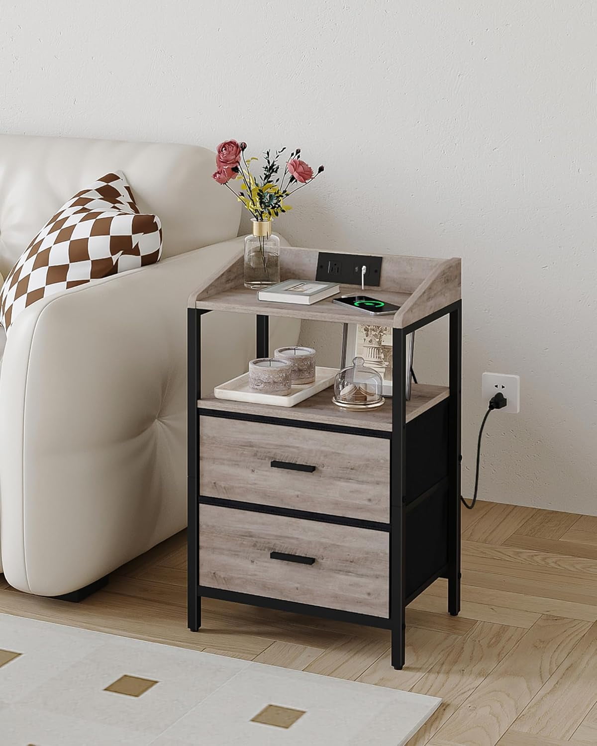 Modern Side Table with USB Ports & Power Outlets, Nightstands with ...