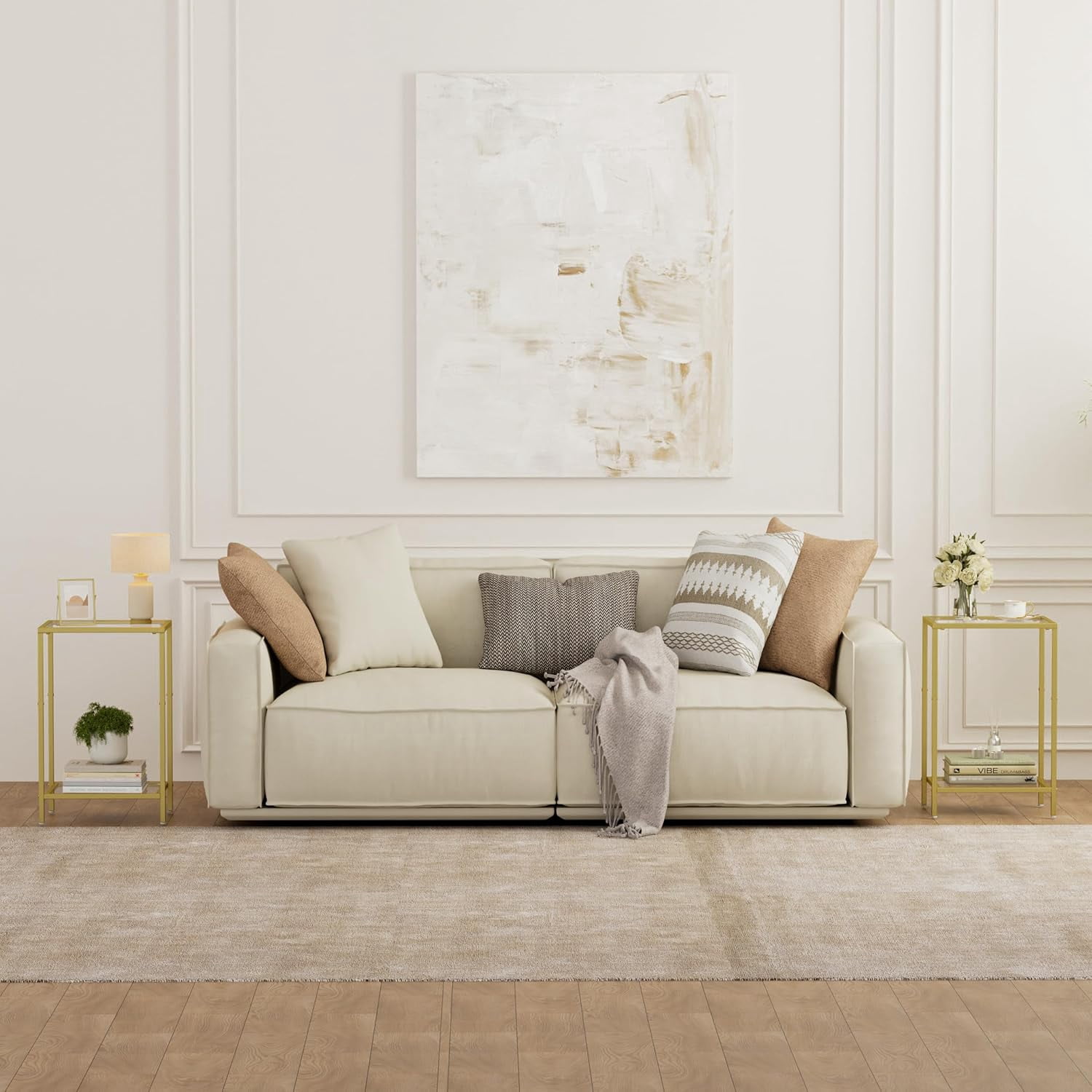 Modern Side Tables Set of 2, Slim Sofa Table with Tempered Glass, 2 ...