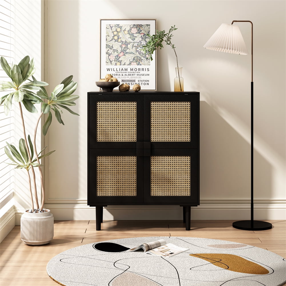 Modern Sideboard Buffet Accent Storage Cabinet with 4 Rattan Mesh Doors ...