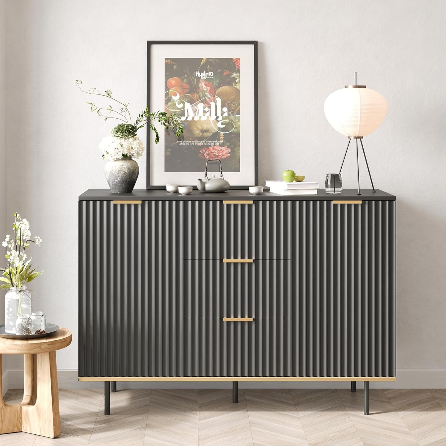 Modern Sideboard Cabinet with Fluted Doors, Gold Legs and Handle ...