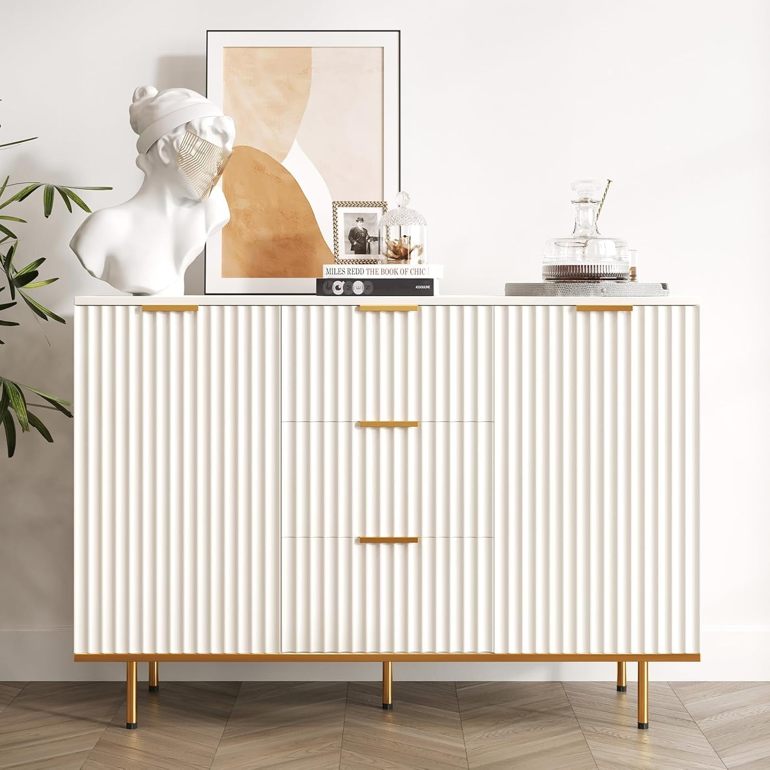 Modern Sideboard Cabinet with Fluted Doors, Gold Legs and Handle ...