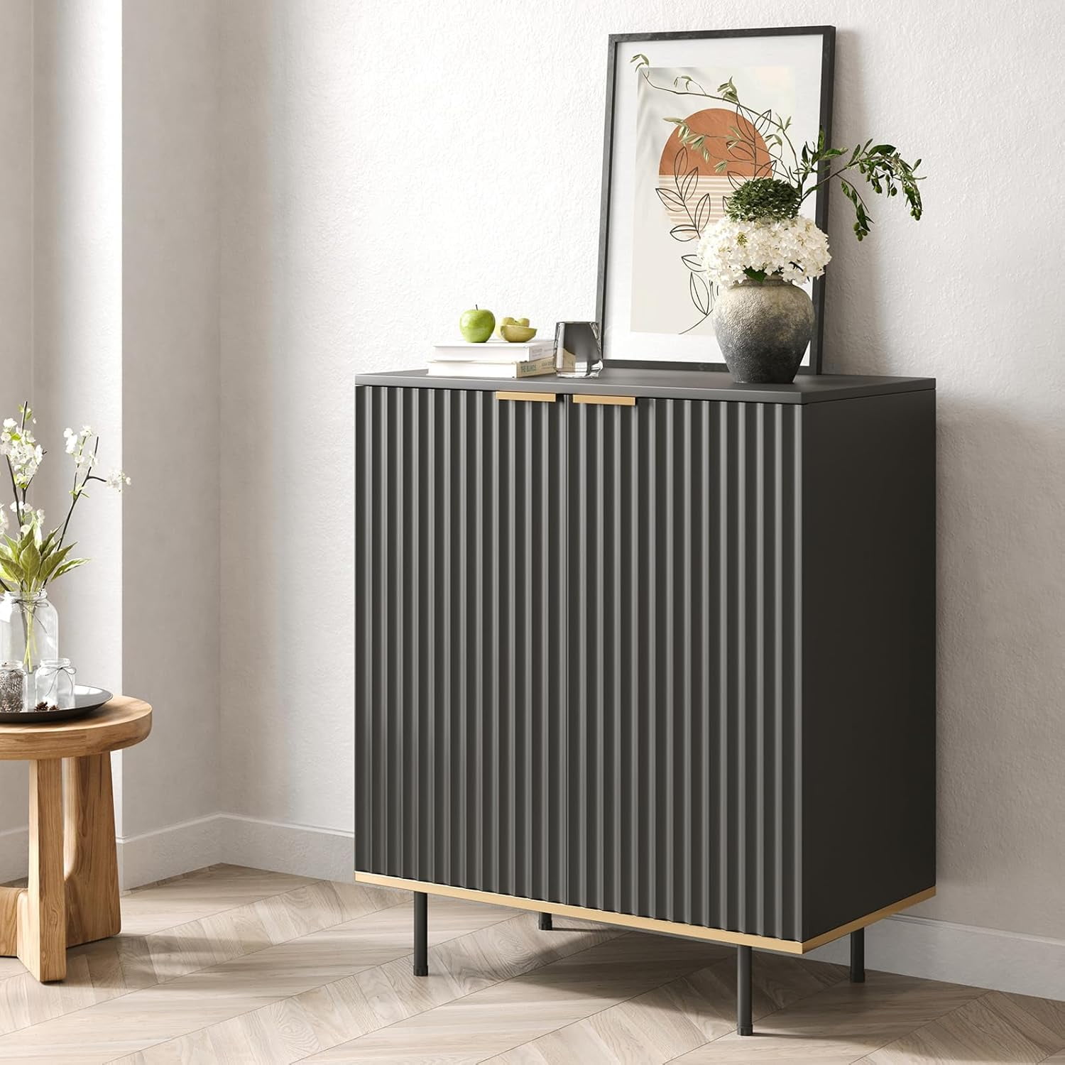 Modern Sideboard Cabinet with Fluted Doors, Gold Legs and Handle ...