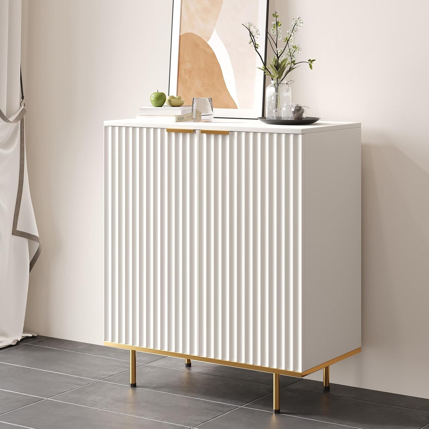 Modern Sideboard Cabinet with Fluted Doors, Gold Legs and Handle ...
