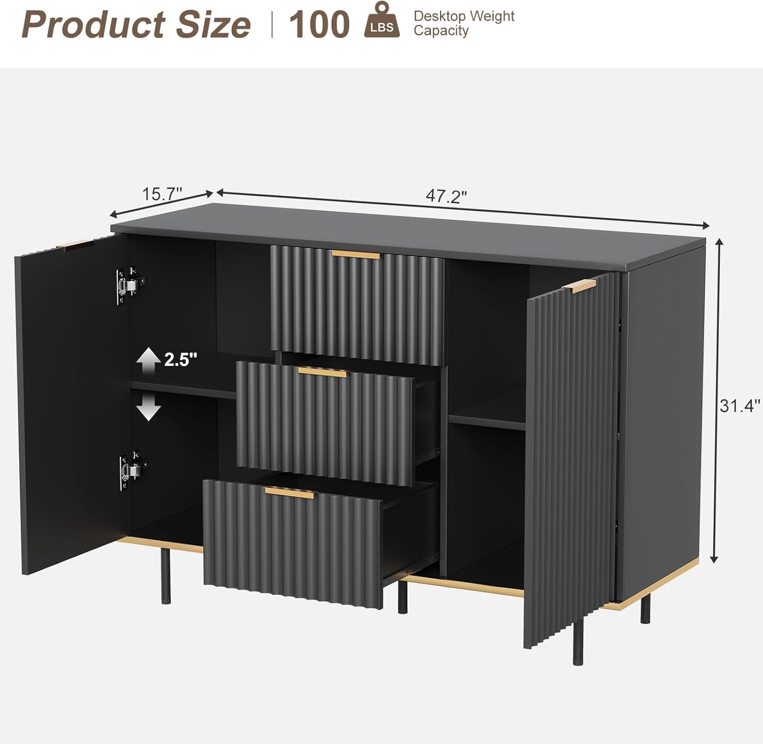 Modern Sideboard Cabinet with Fluted , Gold and Handle - Buffets & Sideboards for Elegant Living ...