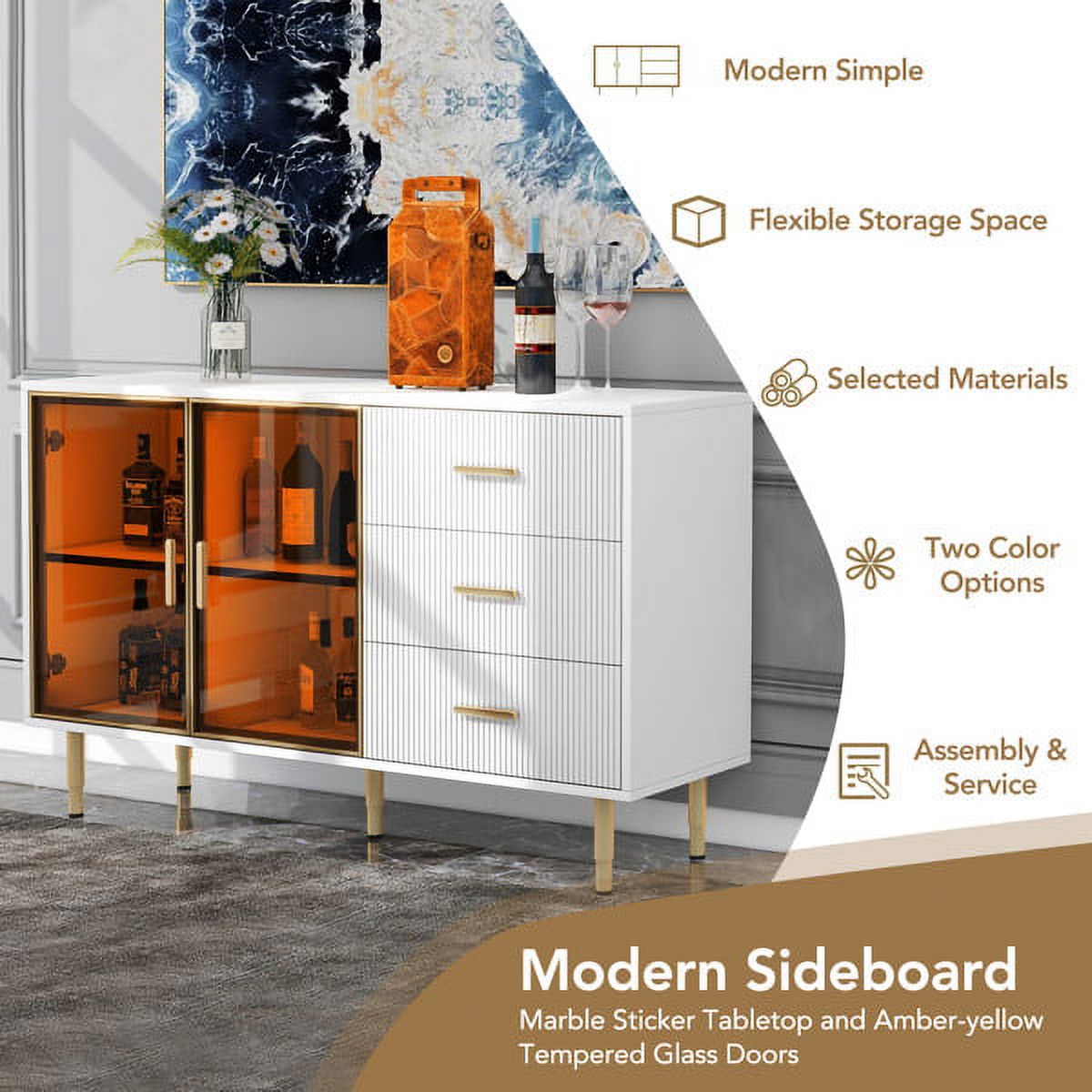 Modern Sideboard MDF Buffet Cabinet Marble Sticker Tabletop and Amber ...