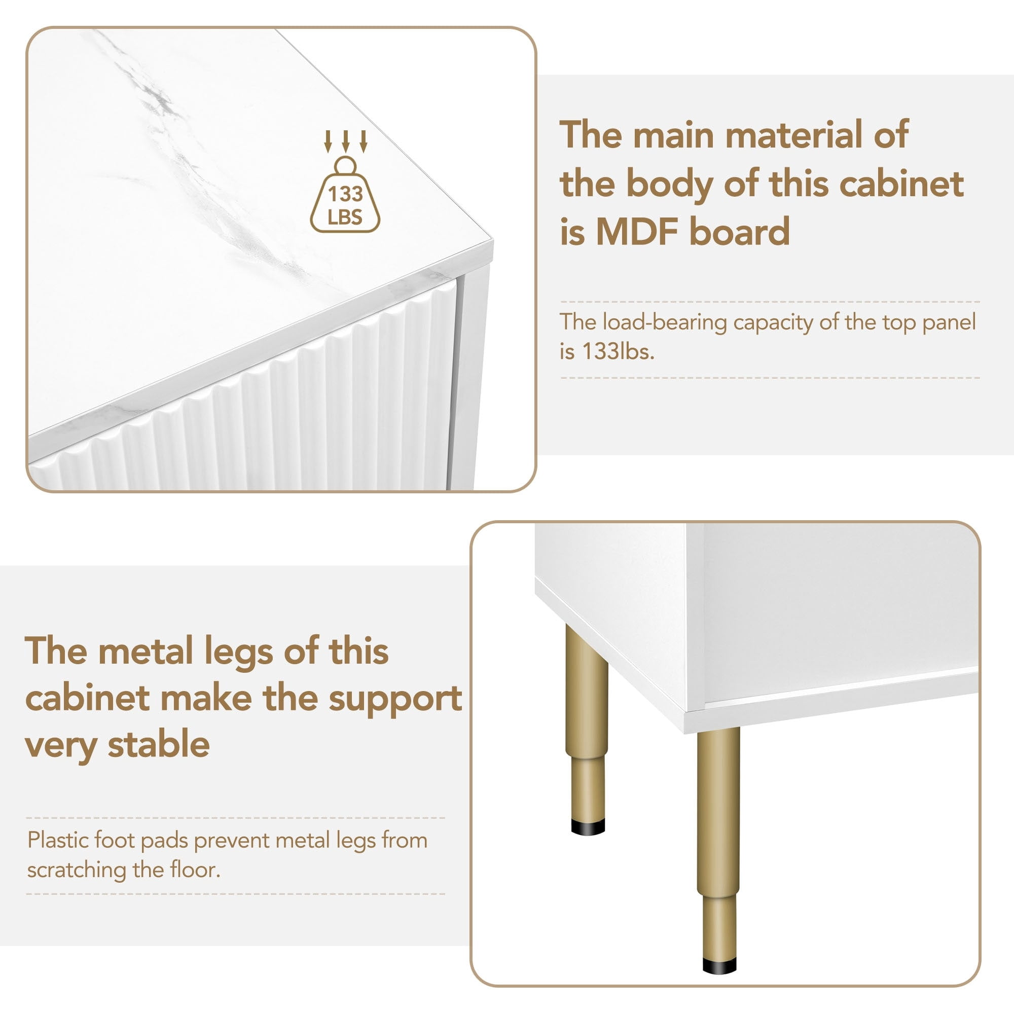 Modern Sideboard MDF Buffet Cabinet Marble Sticker Tabletop and Amber ...