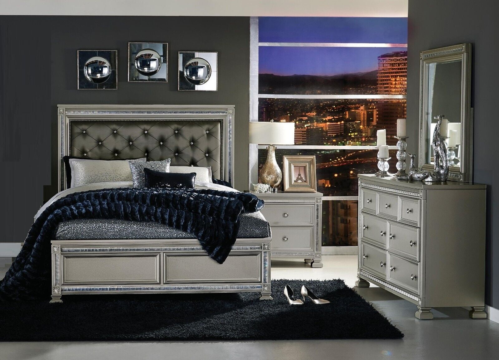 Modern Silver Finish 5pc Bedroom Queen Bed Button Tufted Headboard ...