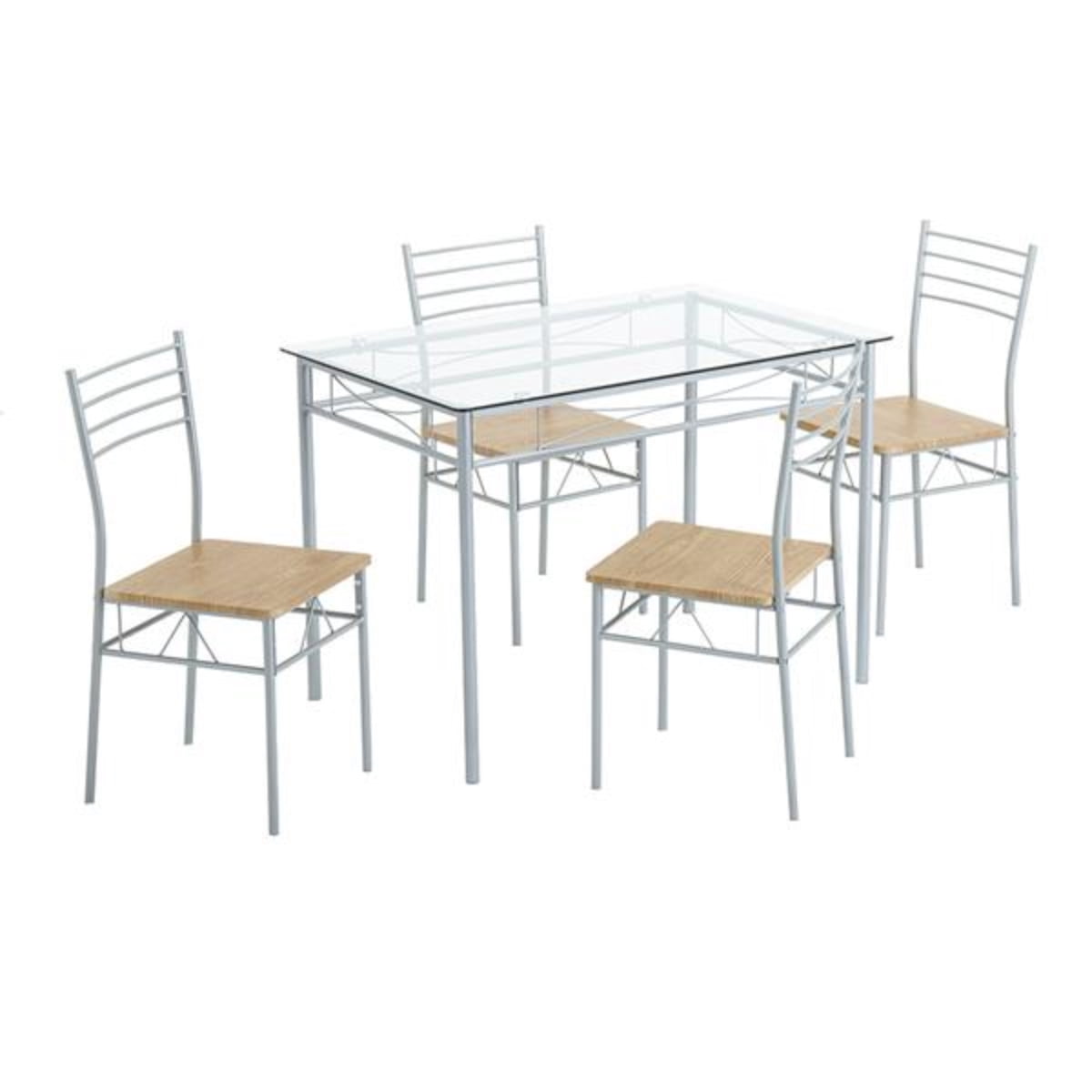 Modern Silver Iron Glass Dining Table Set with Cushioned MDF Chairs ...