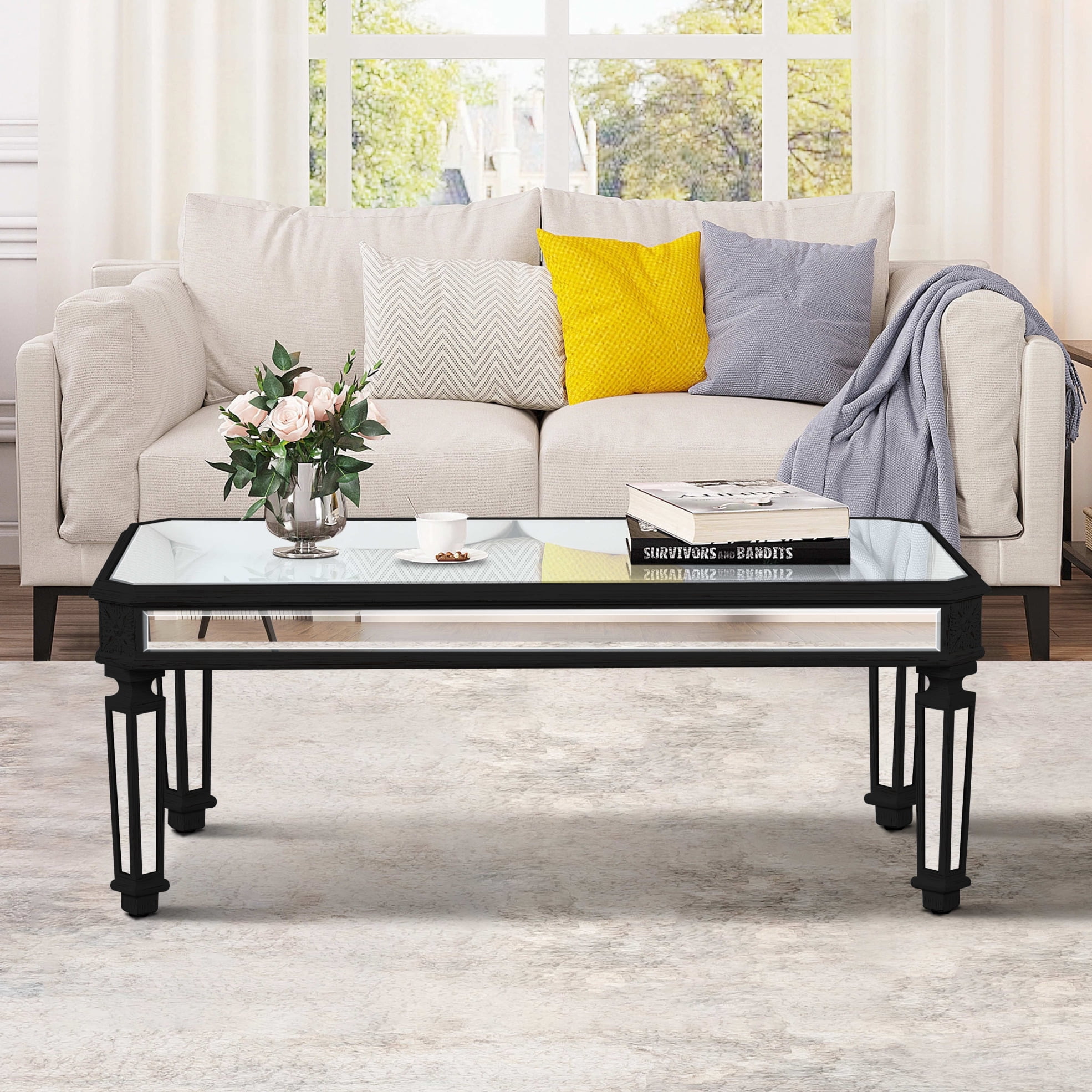 Modern Silver Mirror Coffee Table with Vintage Carved Wood Base, 48"W x ...