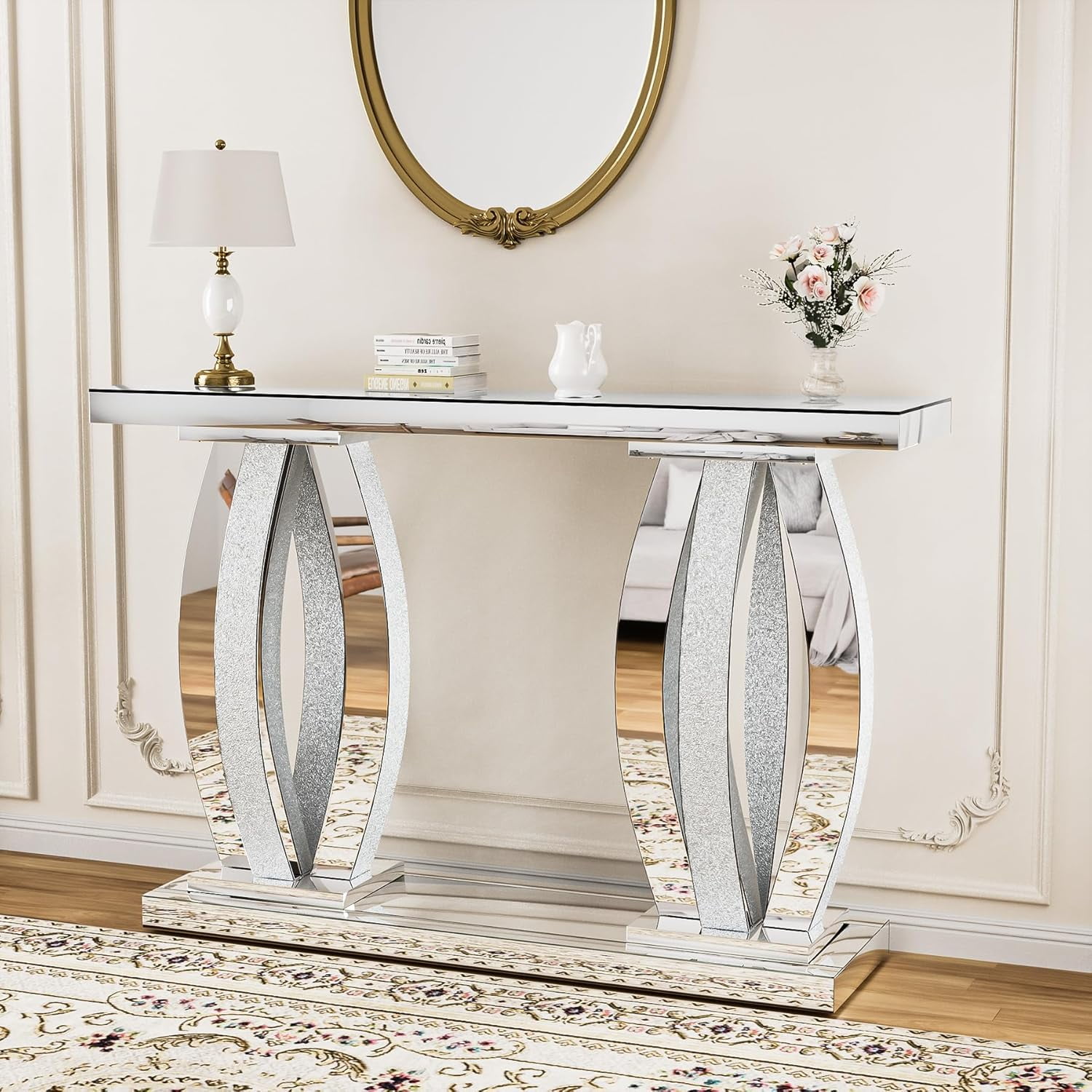 Modern Silver Mirrored Console Table with Crushed Diamond Finish for ...