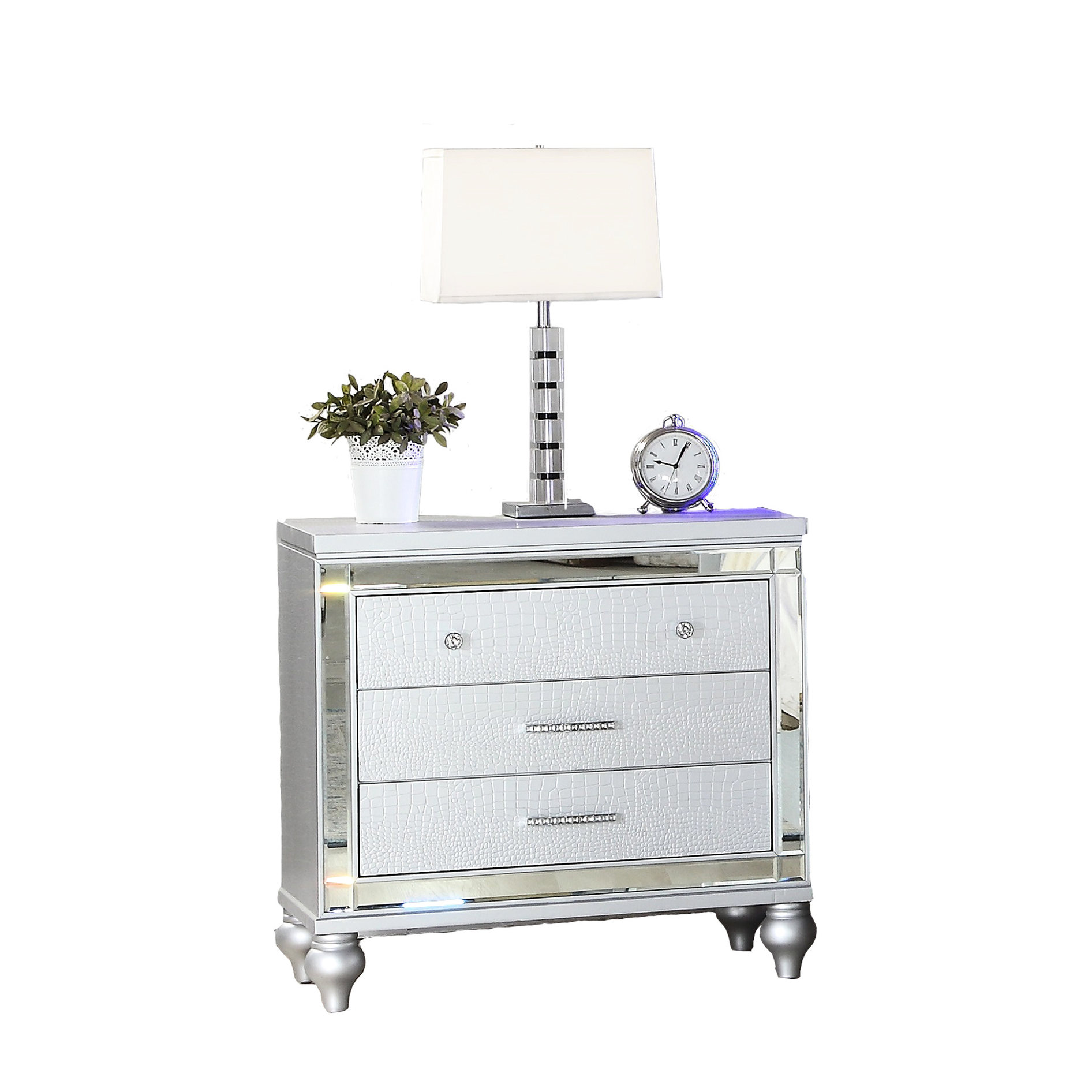 Modern Silver Nightstand with 3 Drawers | Elevates Bedroom Elegance ...