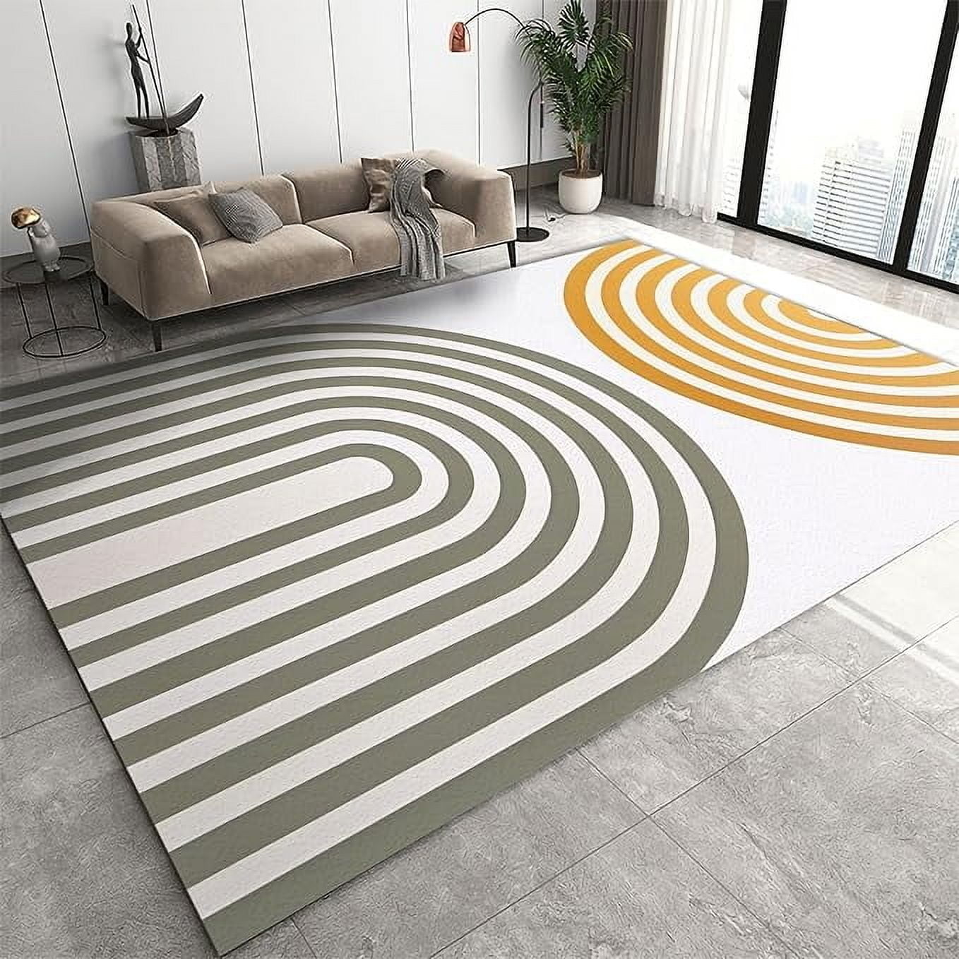 Modern Simple Area Rug, Mid Century Boho Green And Yellow Arched Lines ...