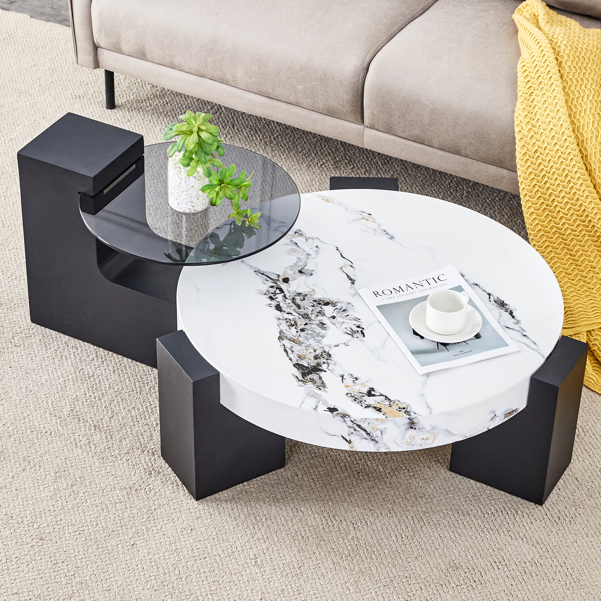 Modern Simple Double-Layer Round Coffee Table- Transparent Gray Glass ...