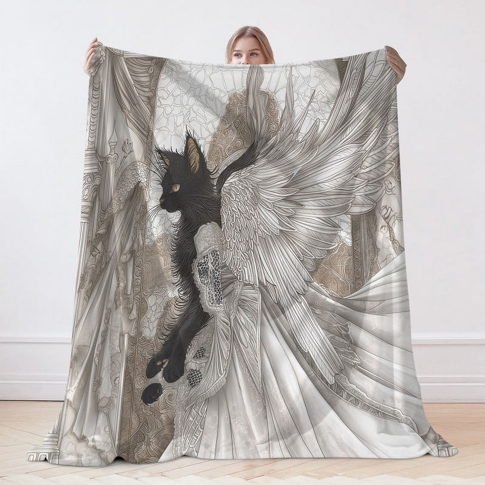 Modern Simple Flannel Blanket, Cat Angel Print Blanket, Machine ...