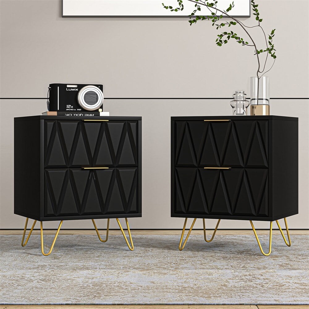 Modern Simple Geometric 2-Drawer Nightstand with Metal Handle Black/2 ...