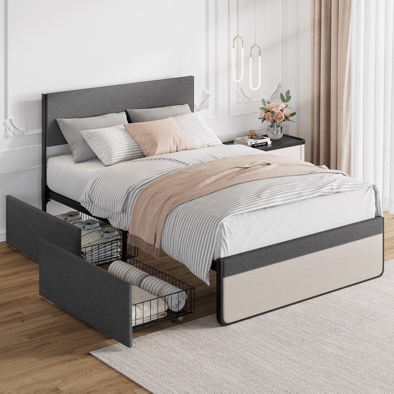 Modern Simple Platform Bed with Linen Upholstered Headboard and ...