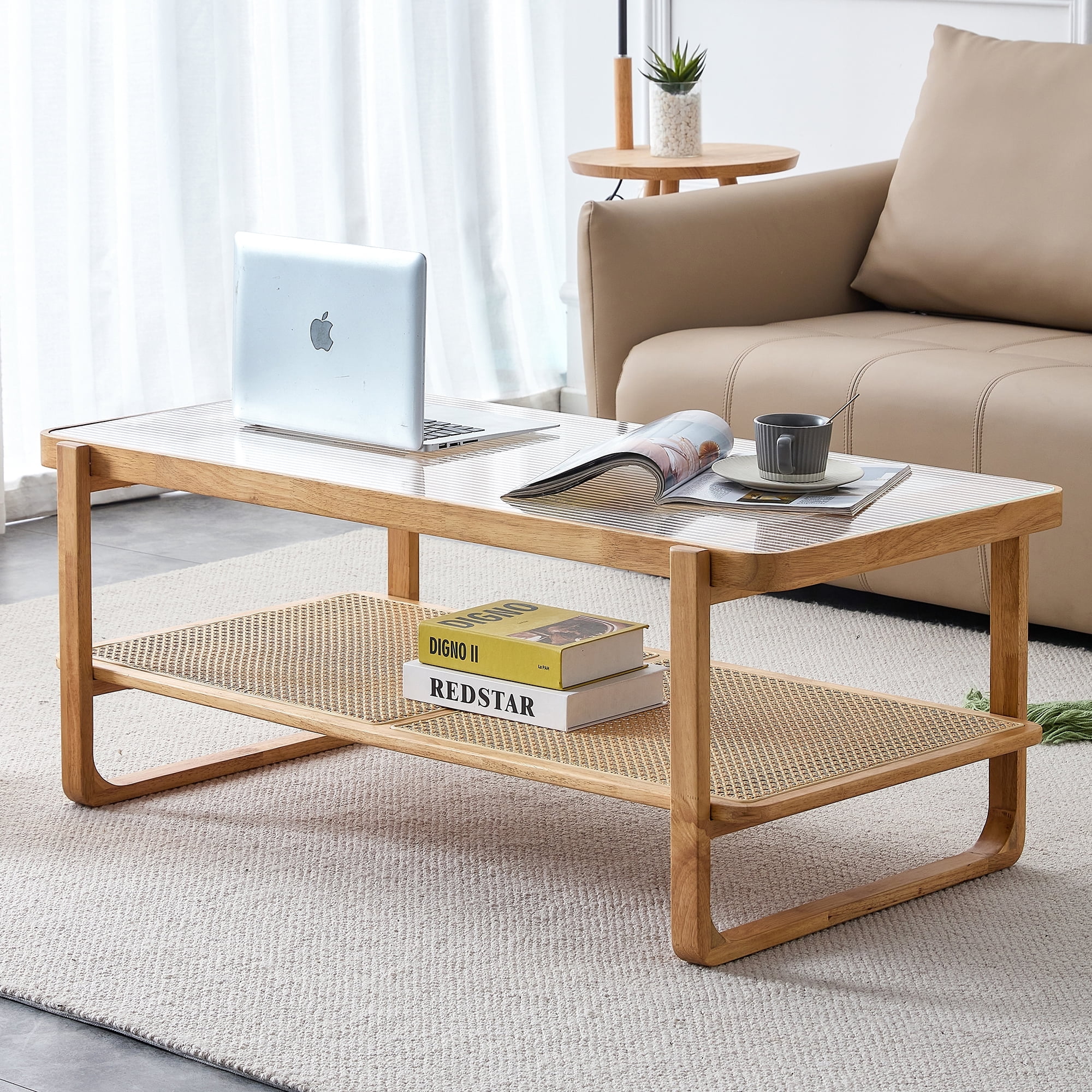Modern Simple Rectangle Double-Layer Solid Wood Glass Desktop Tea Table ...