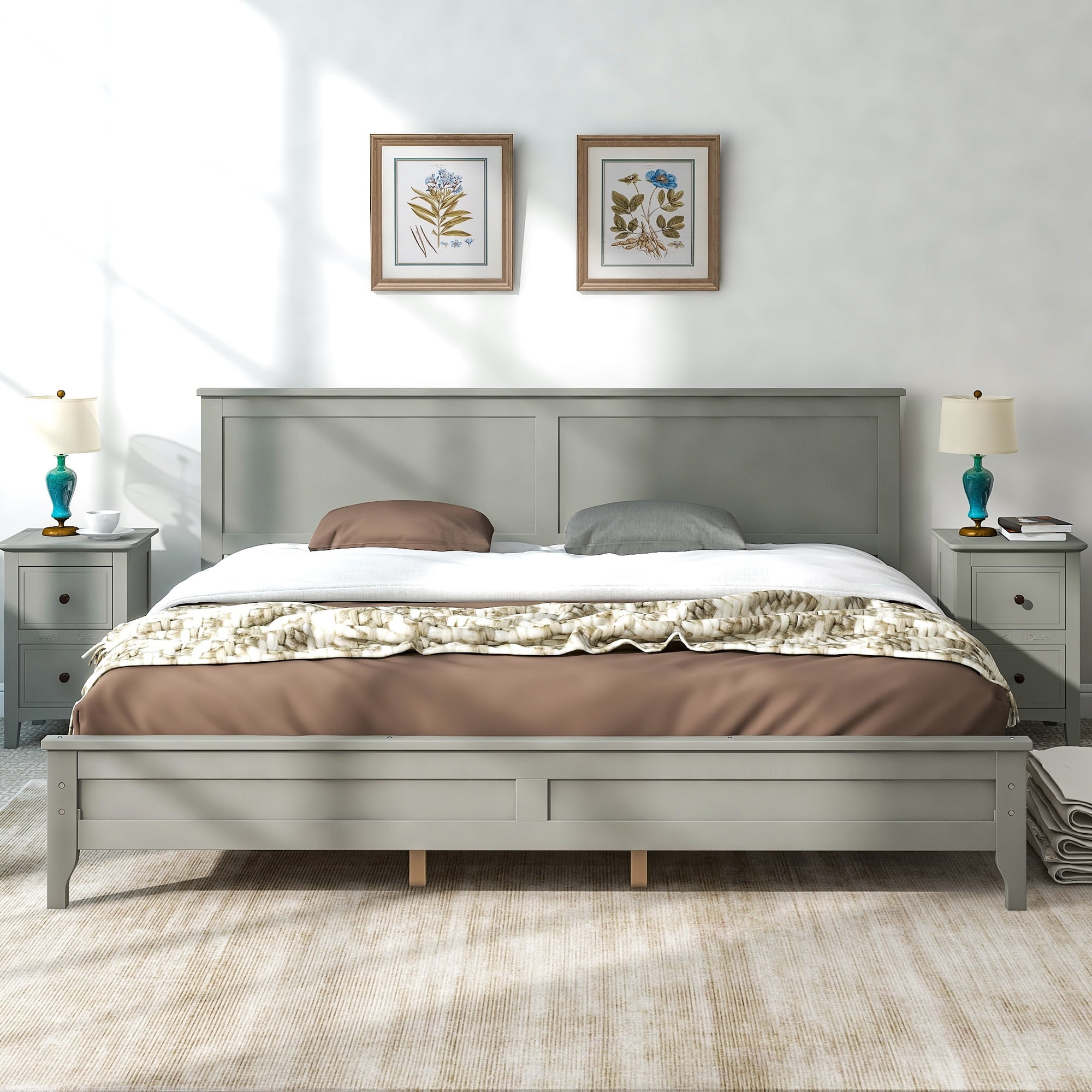Modern Simple Solid Wood Platform Bed with Headboard White - Queen ...