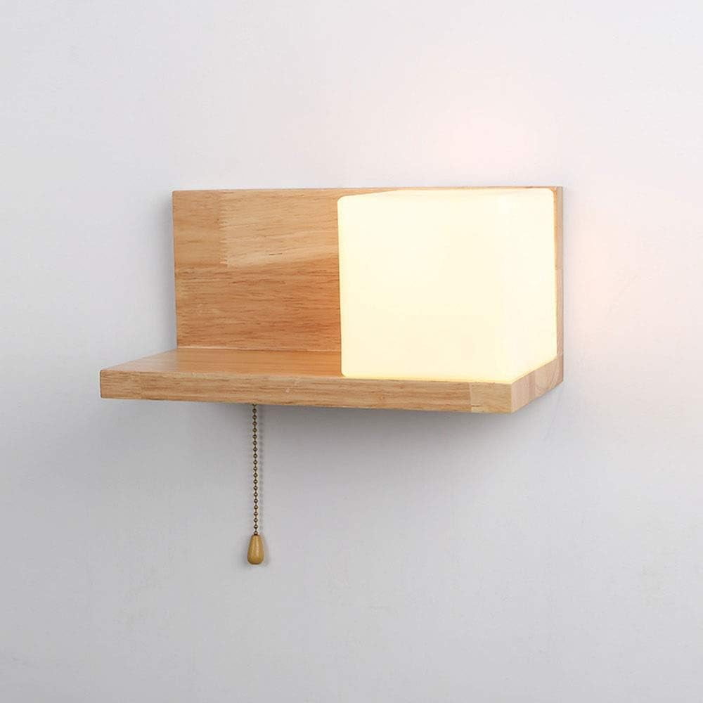 Modern Simple Wall Light Glass Shade Wood Wall Lamp with Pull Cord ...