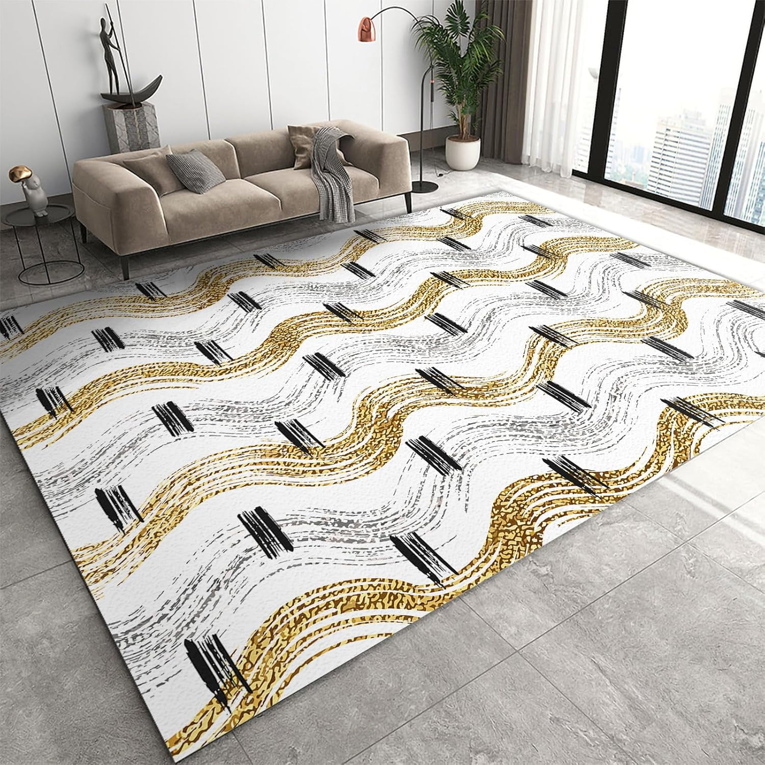 Modern Simple Wave Lines Washable Rugs, Gold Silver Stripes Pattern ...
