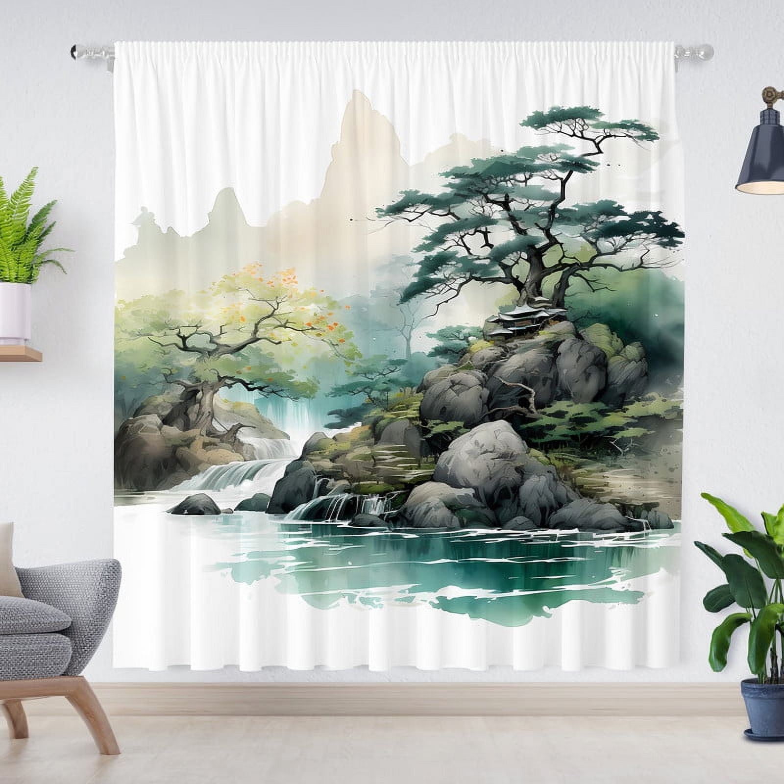 Modern Simple Window Curtains, Mountain and Water Scenery Printed ...