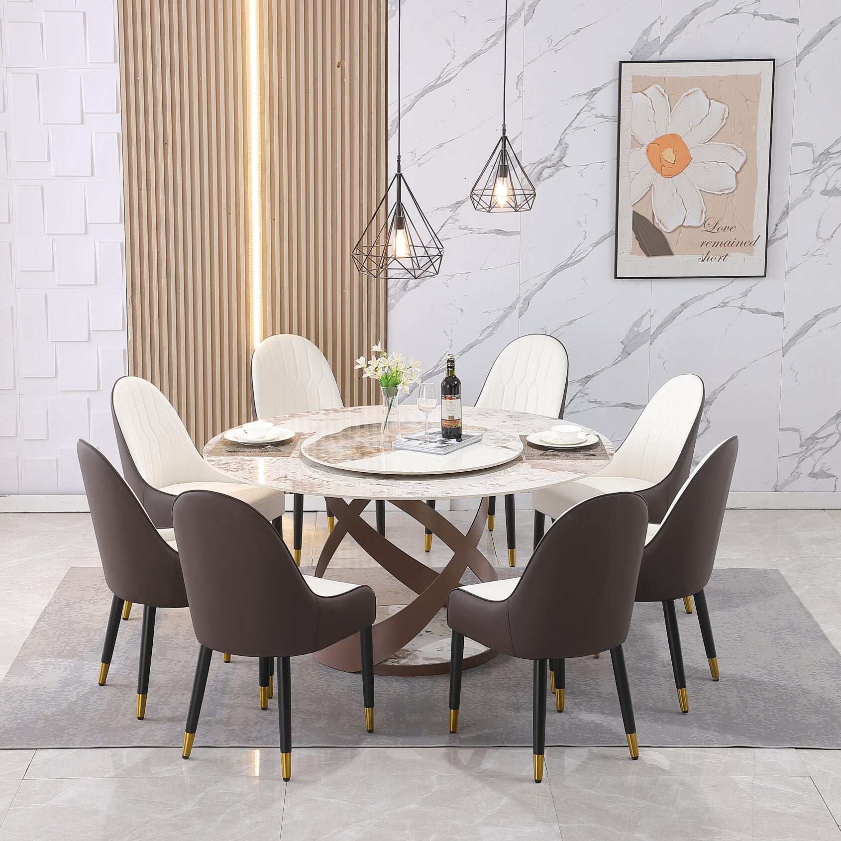 Modern Sintered Stone Dining Table with 31.5" Round Turntable, Metal ...