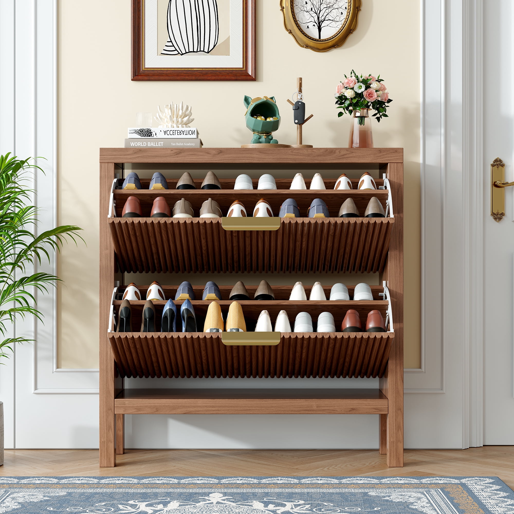 Modern Slatted Wood Shoe Organizer with Dual Flip Drawers, Slim Shoe ...