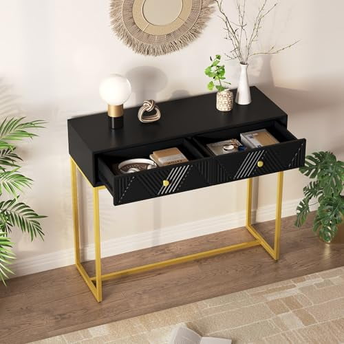 Modern Sleek Console and Entryway Table with Two Drawers - Black MDF ...