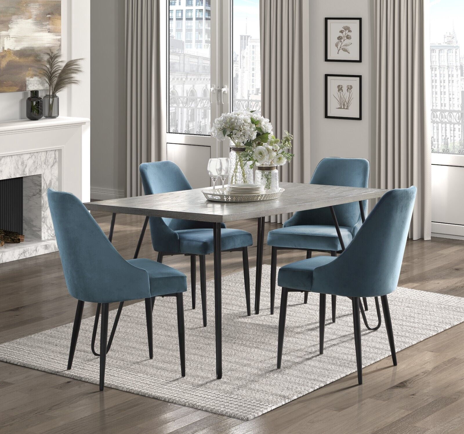 Modern Sleek Design 5pc Dining Set Table and Blue Velvet Side Chairs ...