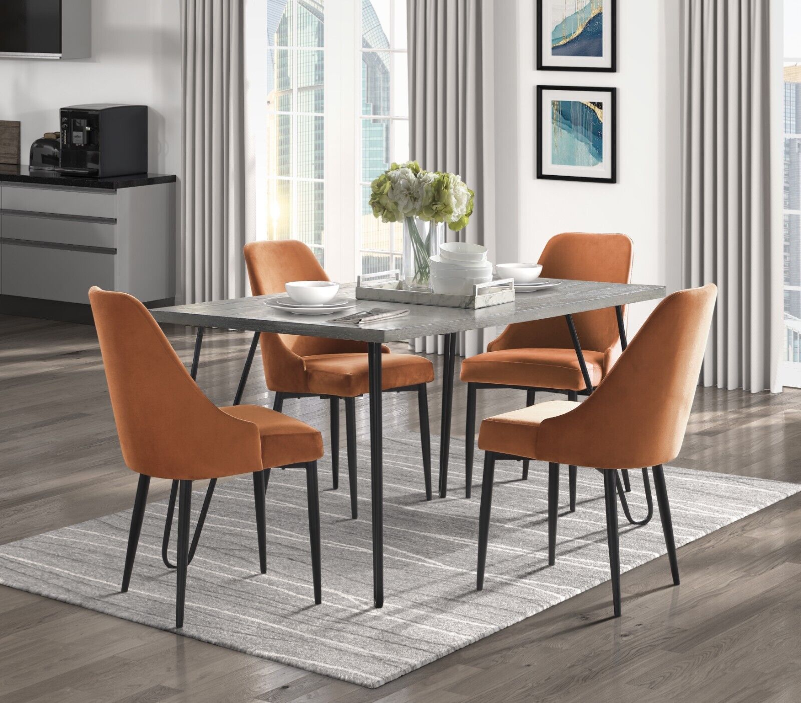 Modern Sleek Design 5pc Dining Set Table and Orange Velvet Side Chairs ...