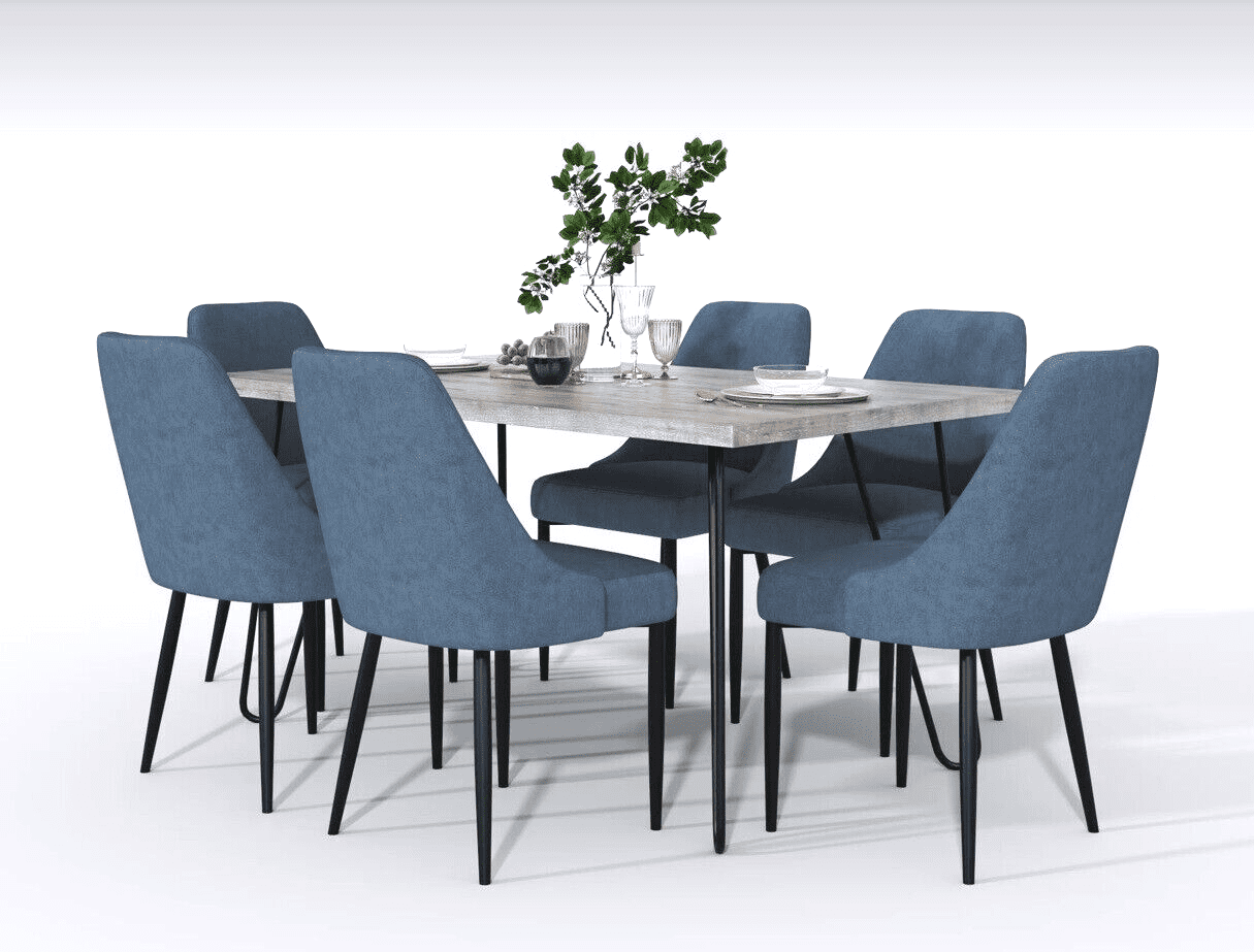 Modern Sleek Design 7pc Dining Set Table and Blue Velvet Side Chairs ...