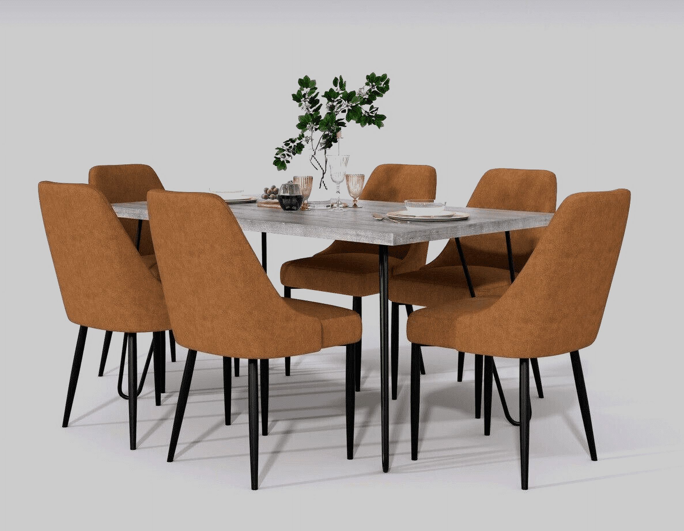 Modern Sleek Design 7pc Dining Set Table and Orange Velvet Side Chairs ...
