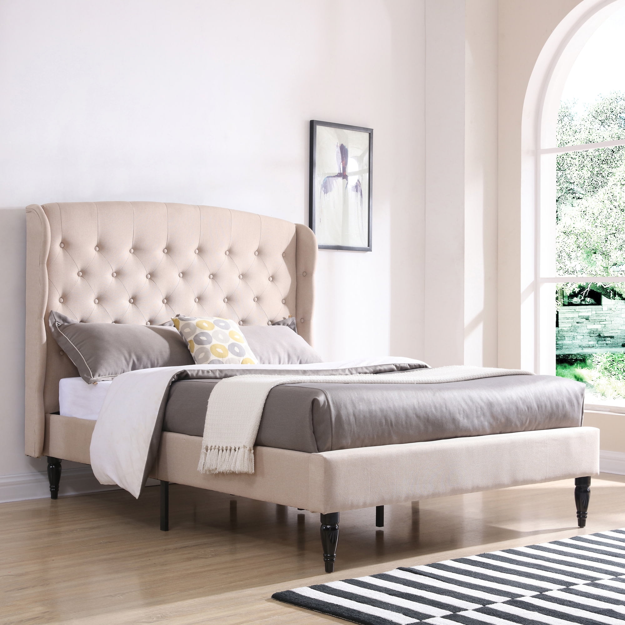 DeCoro Brighton Upholstered Platform Bed Headboard and Wood Frame with Wood Slat Support Linen Full