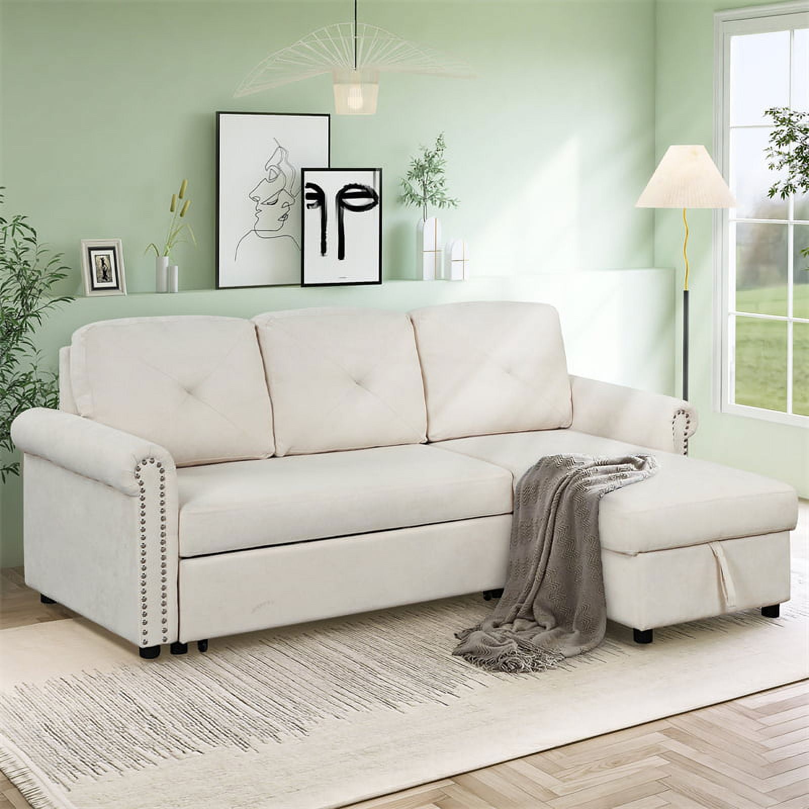 Modern Sleeper Sofa Bed with Scrolled Arms, Convertible Sectional Couch ...