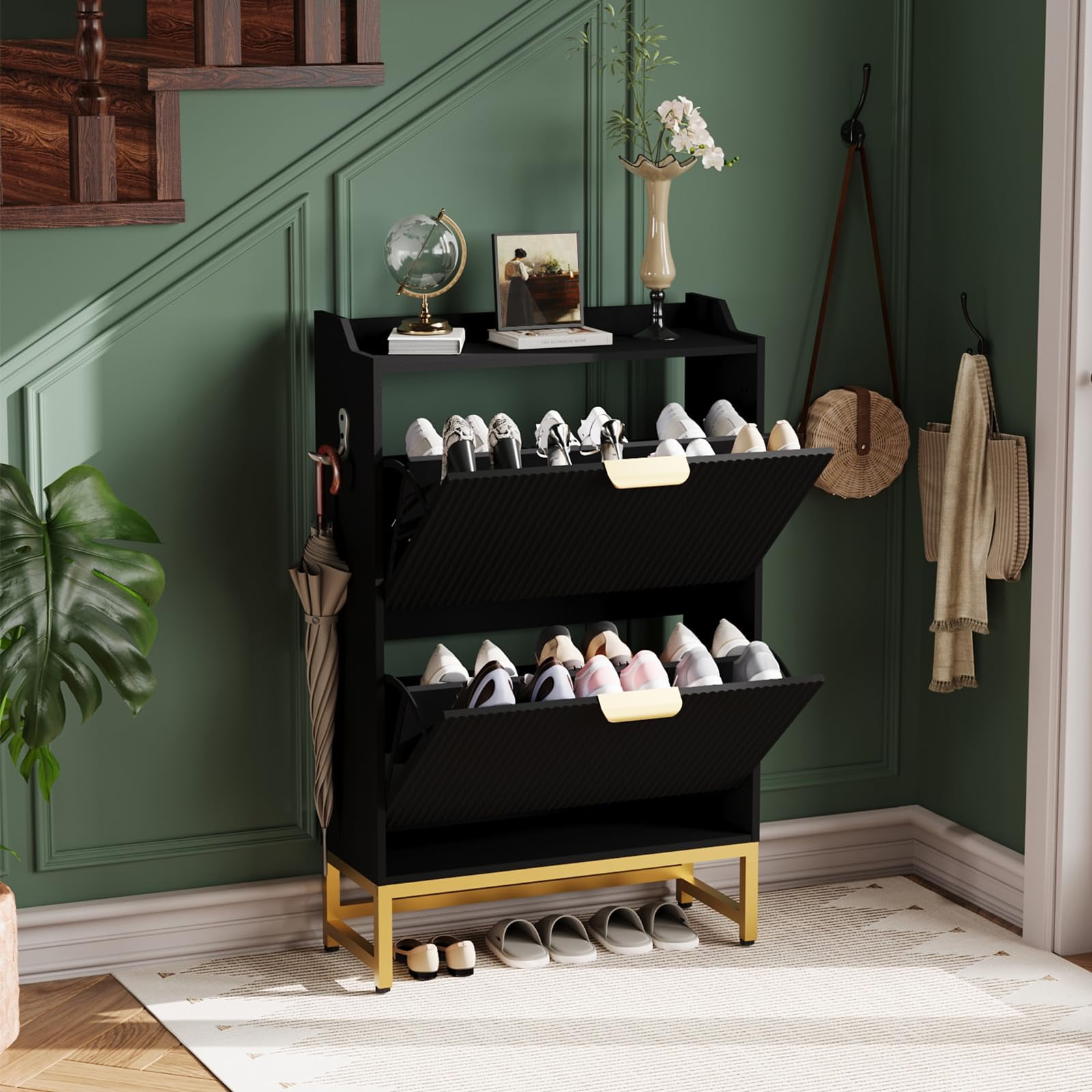 Modern Slim Entryway Shoe Storage Organizer With 2 Flip Drawers, Fluted Texture Design, Sturdy ...