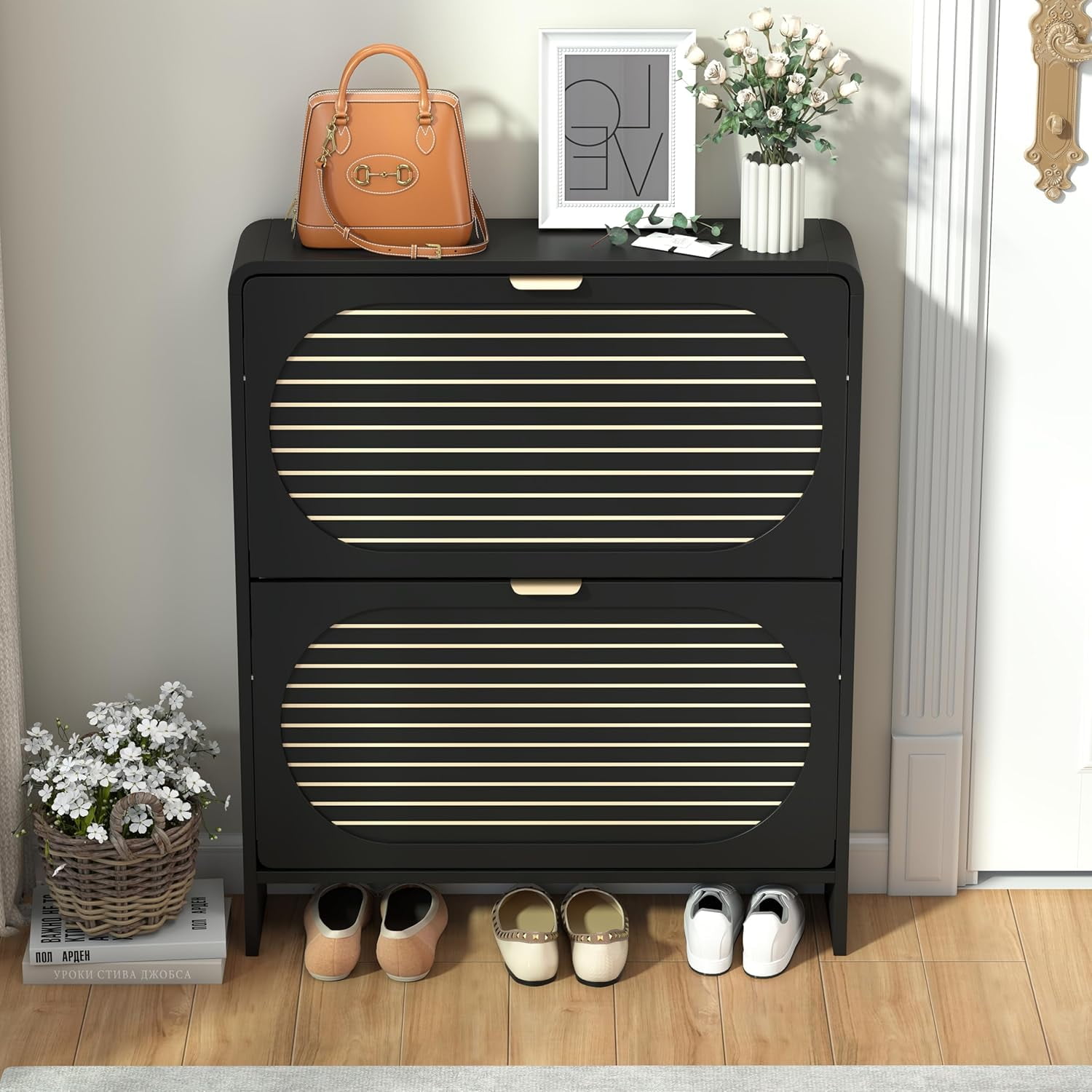 Modern Slim Shoe Storage Cabinet with 2 Flip Drawer, Arched Line Trim ...