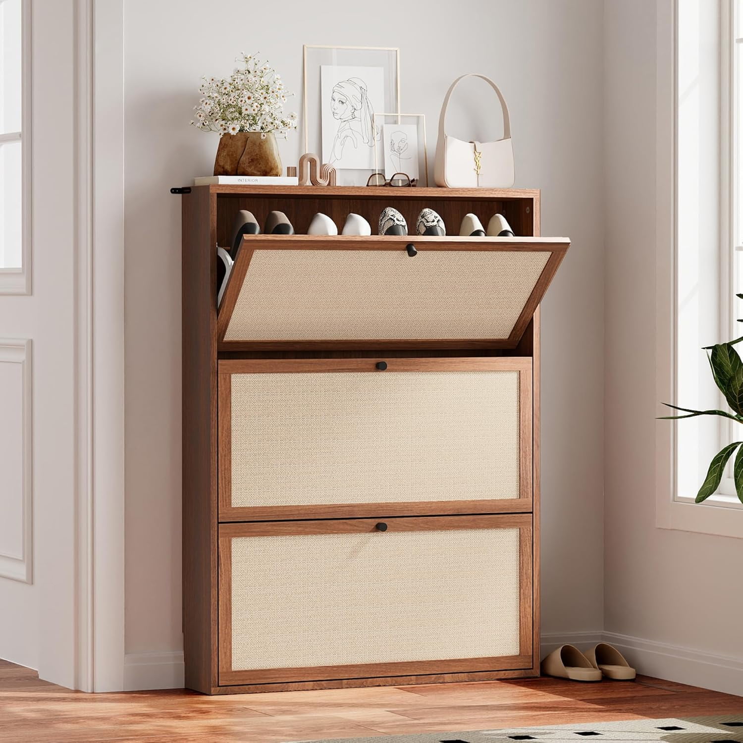 Modern Slim Shoe Storage Cabinet with 2 Flip Drawer, Arched Line Trim ...