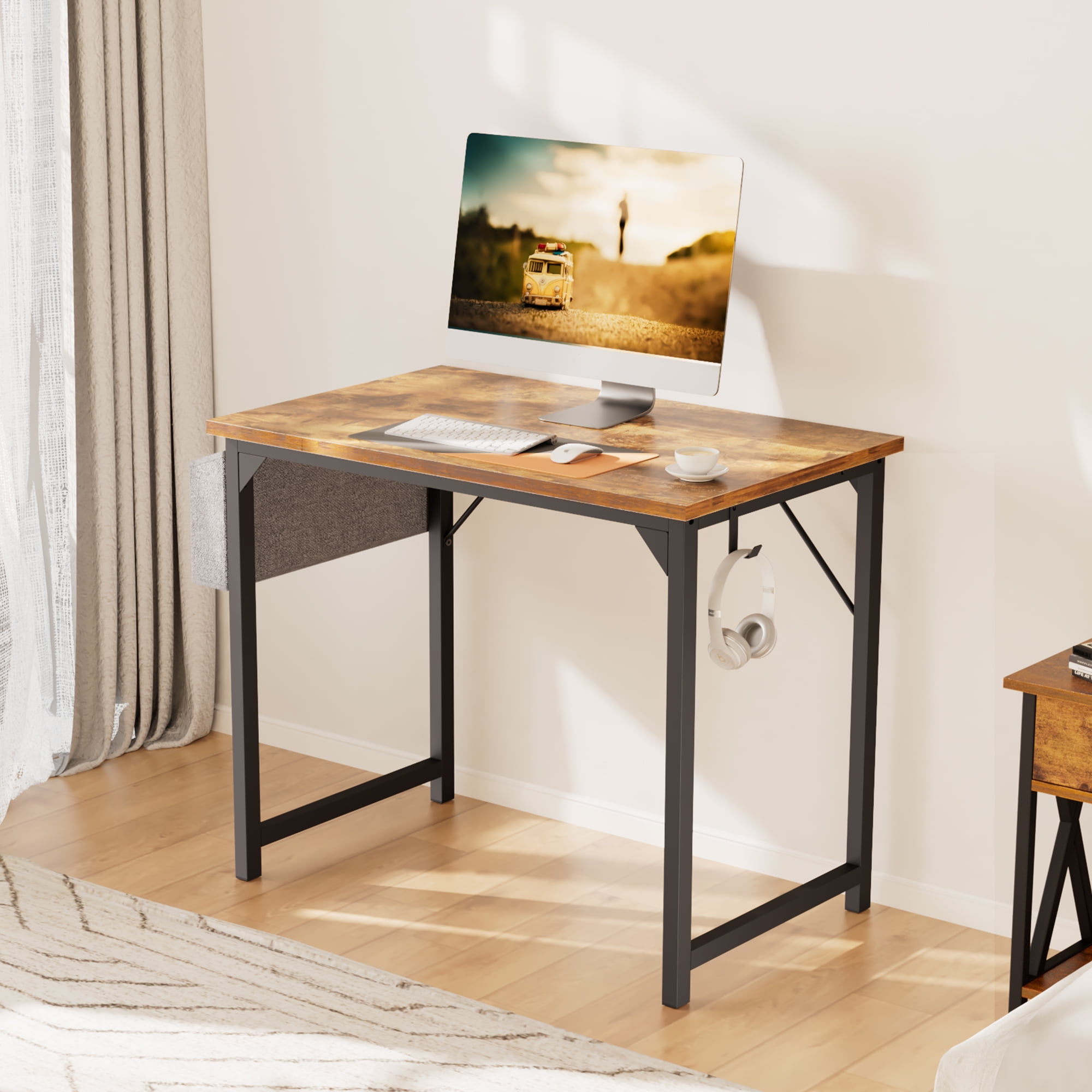 Modern Small Office Desk with Storage Bag and Iron Hook, Perfect for ...