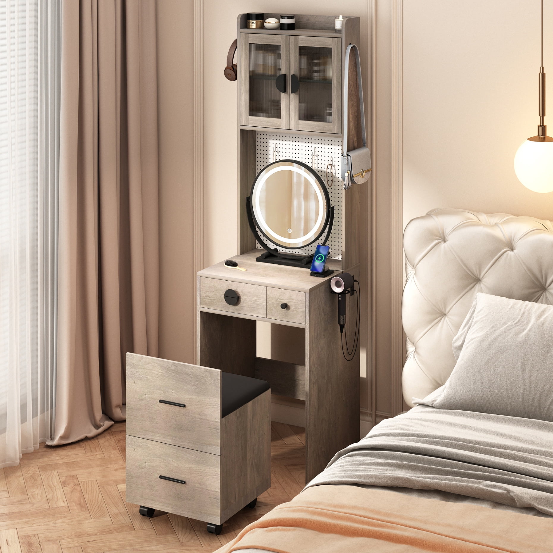 Modern Small Vanity Desk with Mirror and LED Lights, Makeup Table with ...