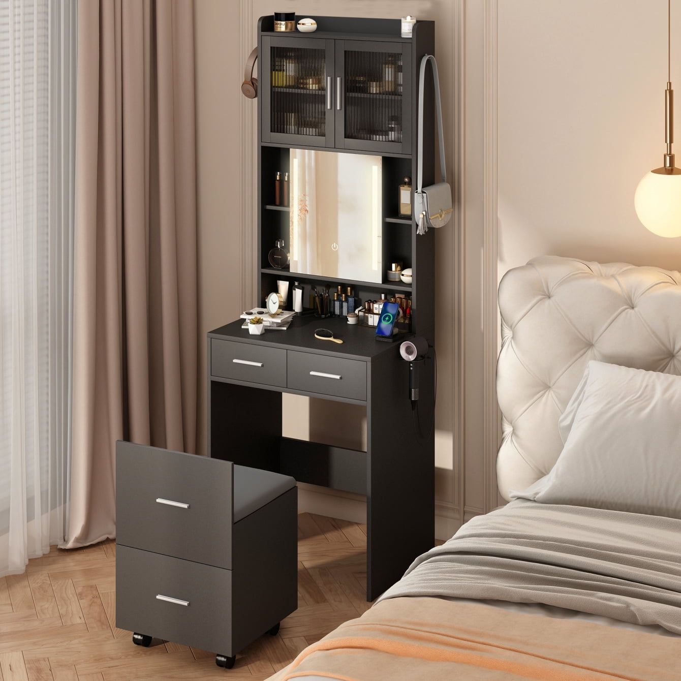 Modern Small Vanity Desk with Sliding Mirror and LED Lights, Makeup ...
