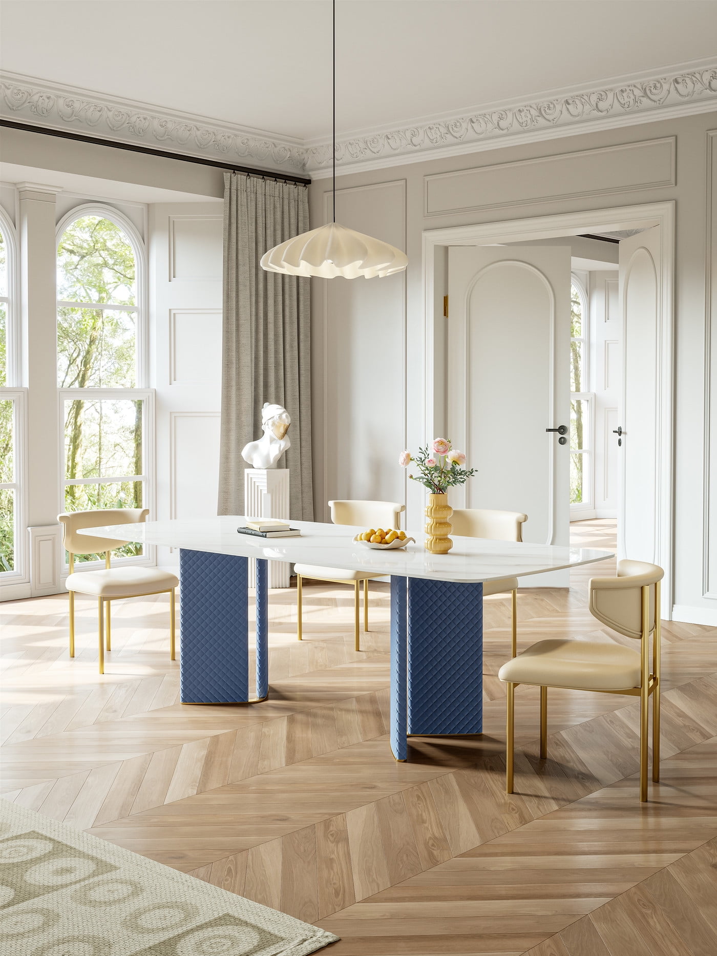 Modern Snow-White Slate Table Top Dining Table with Blue Pedestal ...
