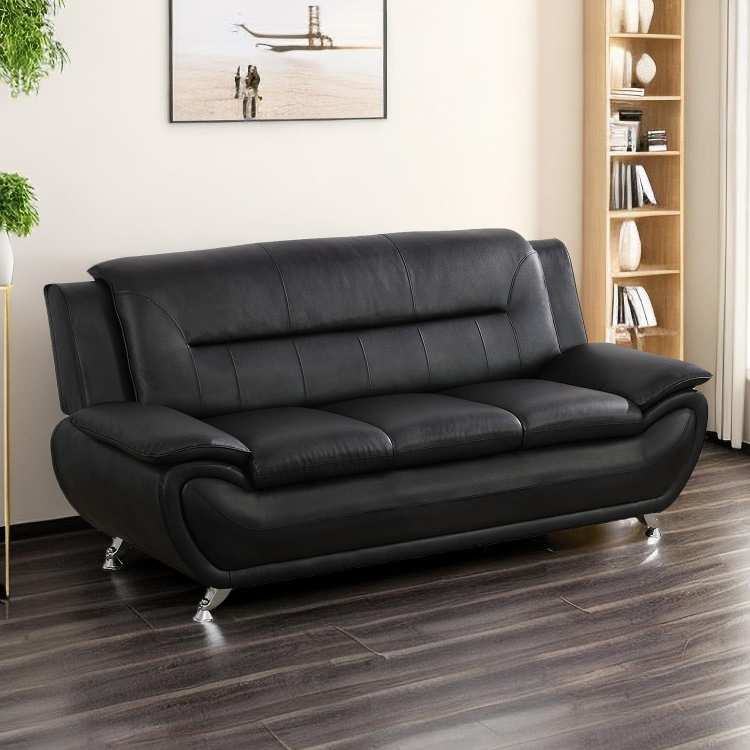 Modern Sofa Couch, Black Faux Leather Couch 3 Seater Sofa 80 Inch Sofa ...