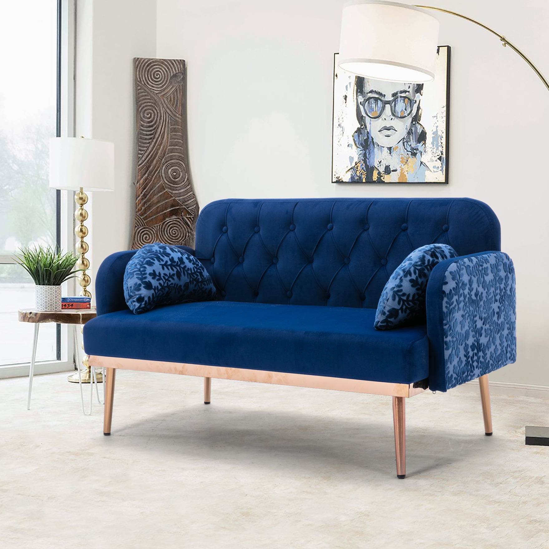 Velvet Upholstered Sofa Couch, Button Tufted Accent Sofa with 2 Pillows ...