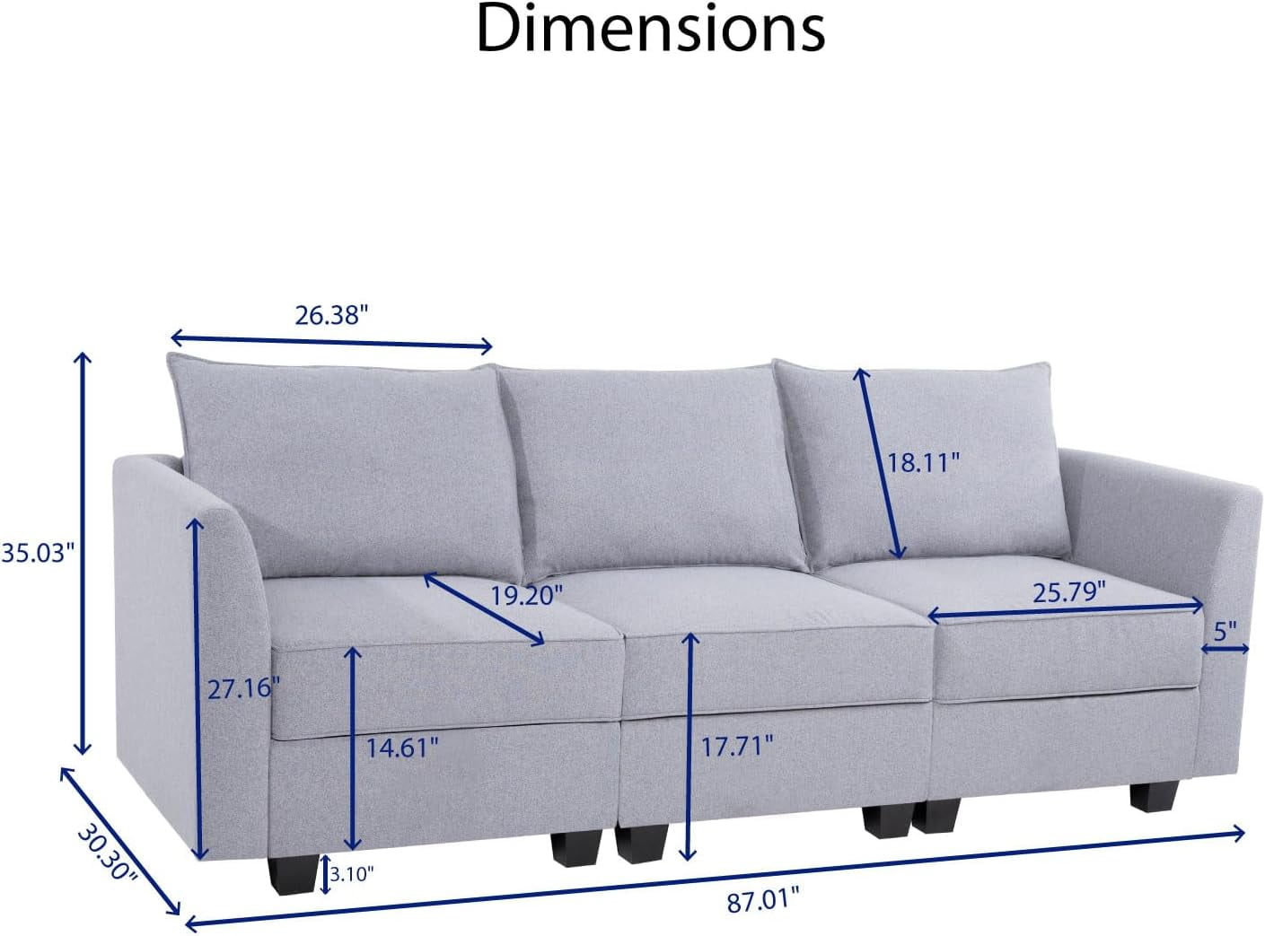 Modern Sofa Couch with Extendable Design & Storage – Linen Fabric Sofa ...