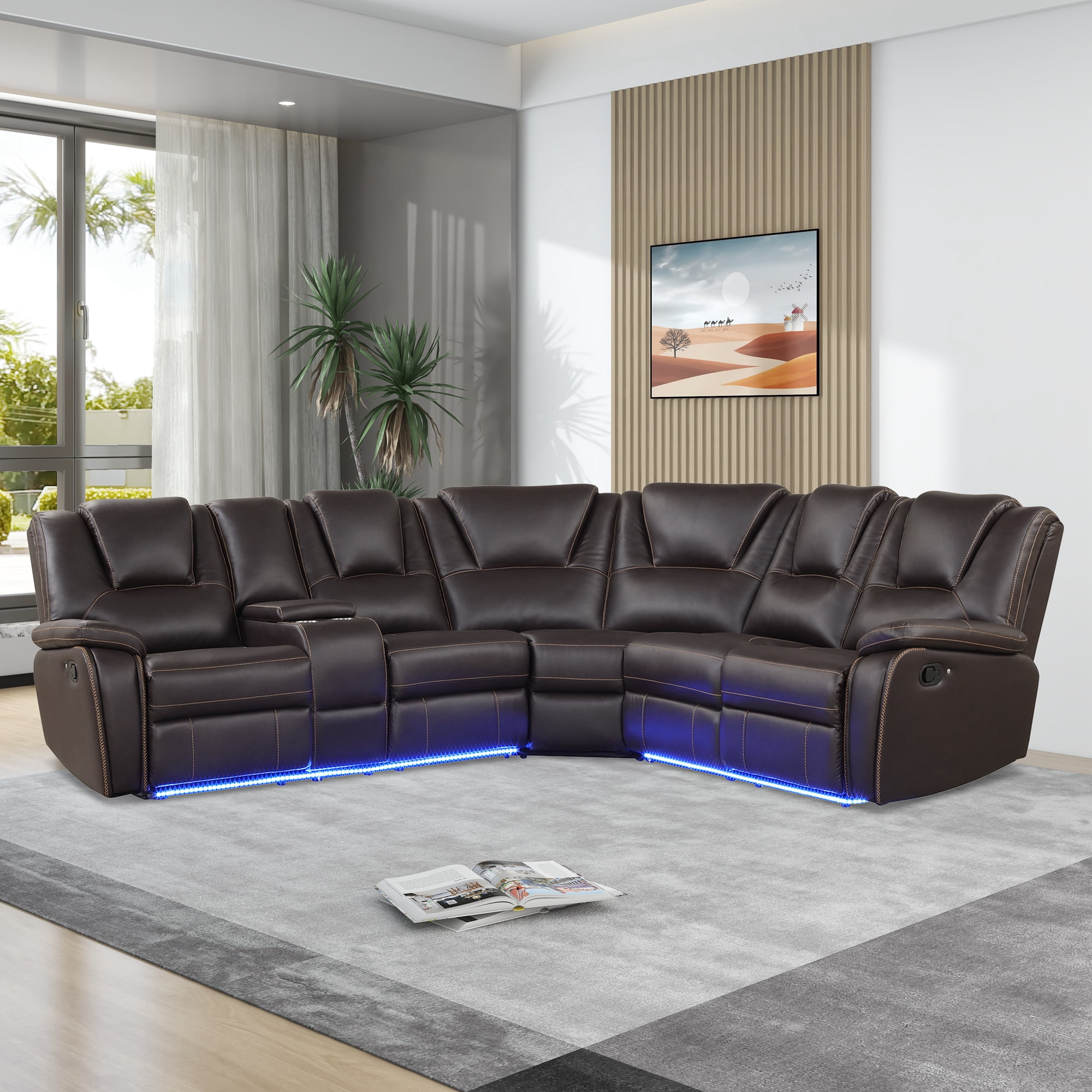Modern Sofa Set, Faux Leather Manual Reclining with Center Console and ...